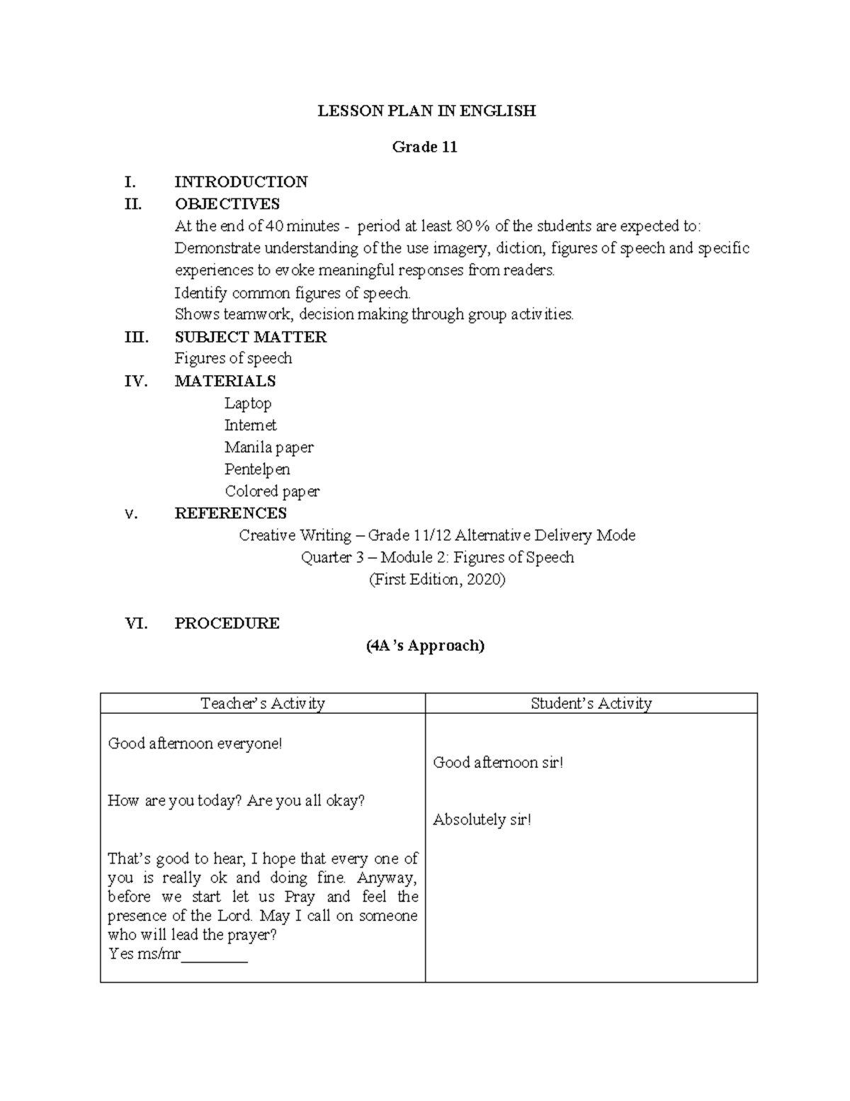 Grade 11 English Lesson Plan on Figures of Speech - Studocu