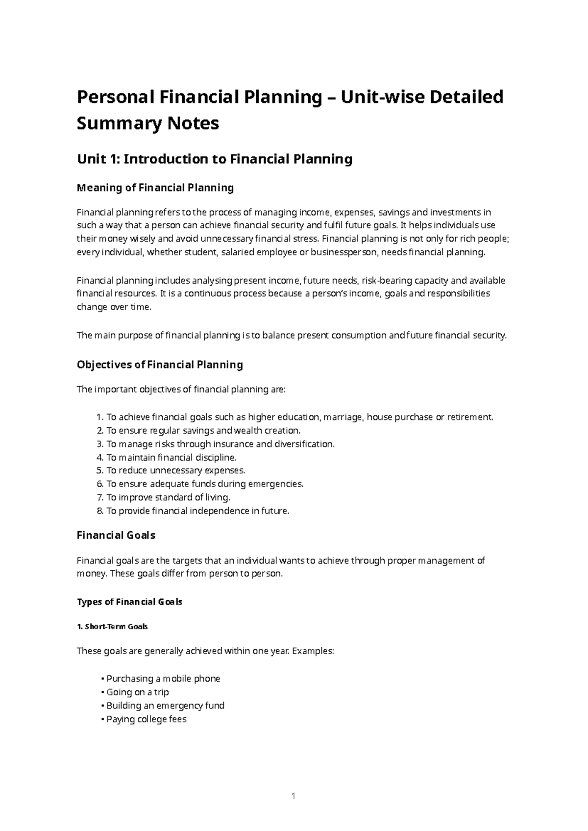 Personal Financial Planning DU SOL Unit 1 Summary Notes - Studocu