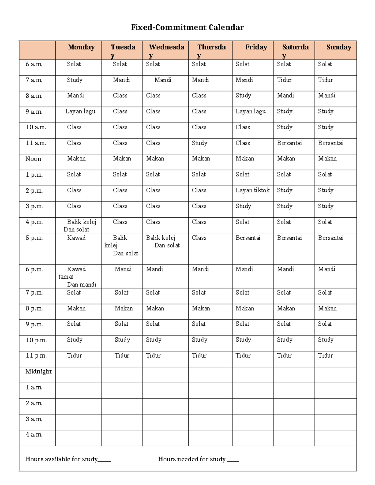 Appendix 2 - Fixed-Commitment Calendar for Effective Time Management ...