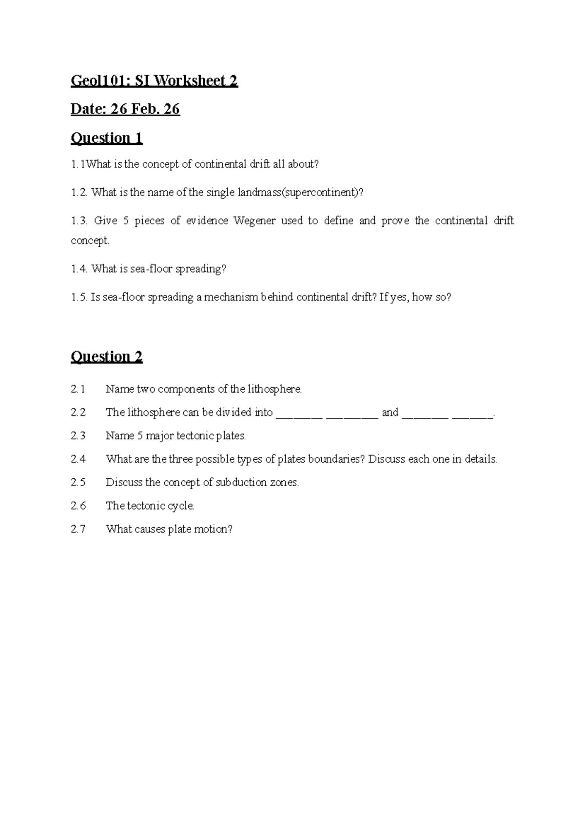 Geol101: SI Worksheet 2 - Continental Drift & Tectonic Plates - Studocu