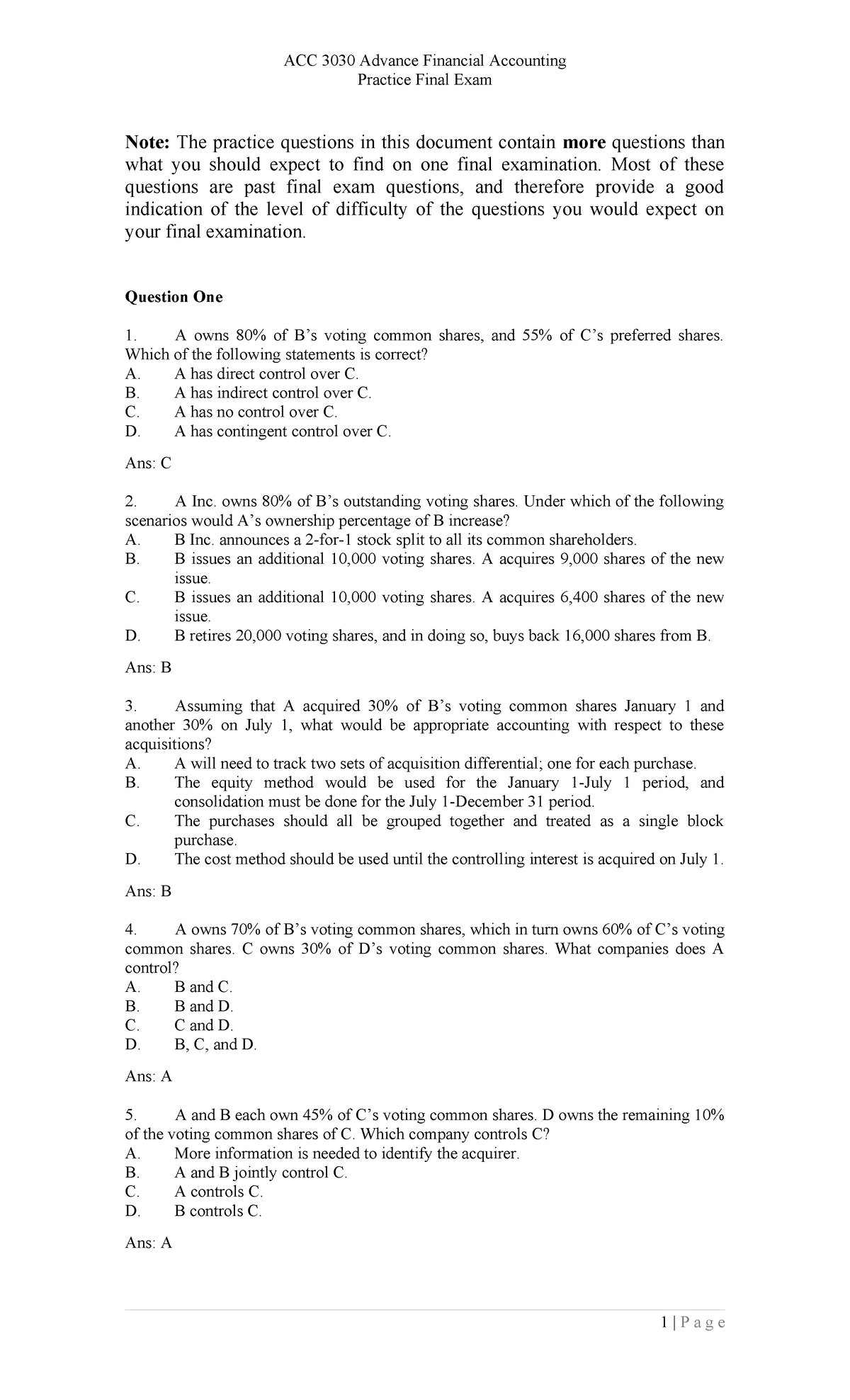 ACC 3030 Advanced Financial Accounting Practice Final Exam Notes - Studocu