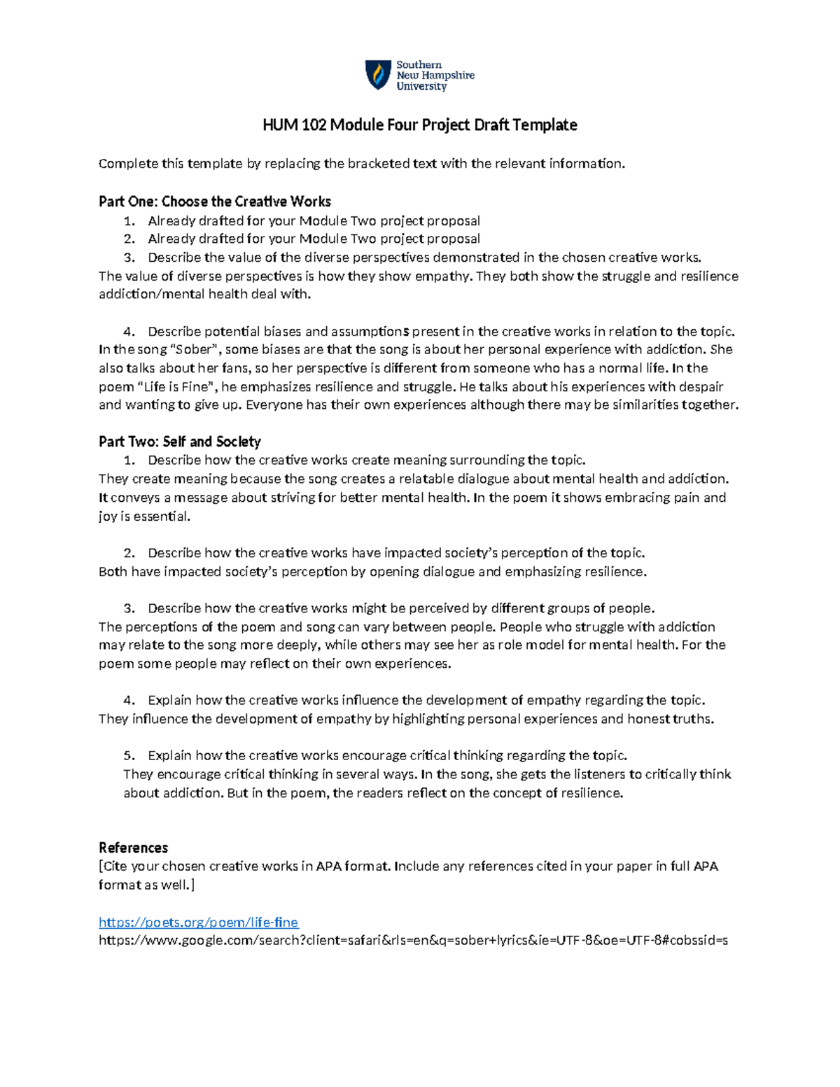 HUM 102 Module Four Project Draft: Exploring Creative Works on Mental ...