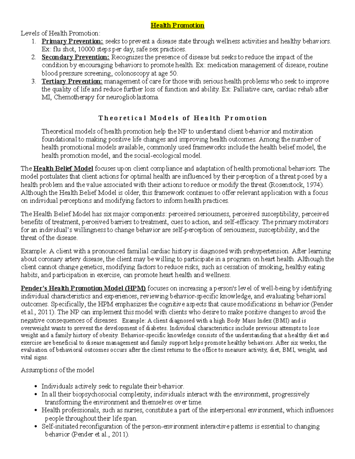 Health Promotion Strategies and Theoretical Models Analysis - Studocu
