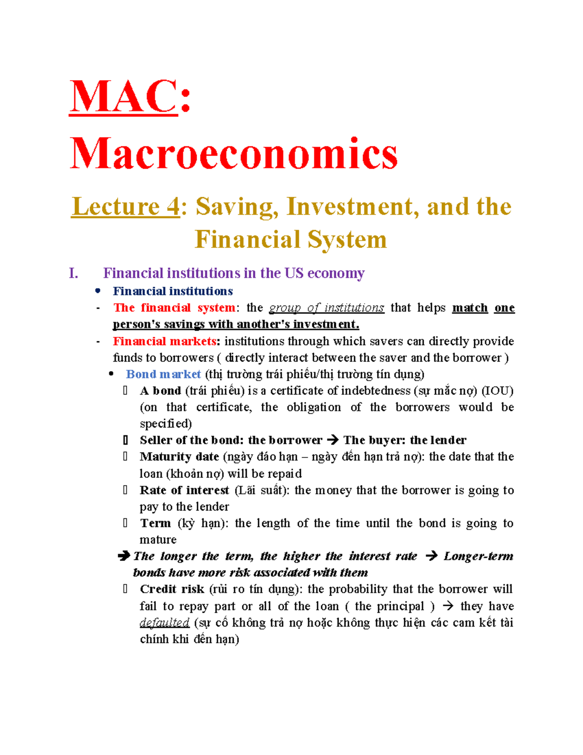 MAC: Macroeconomics Lecture 4 - Saving, Investment & Financial System ...