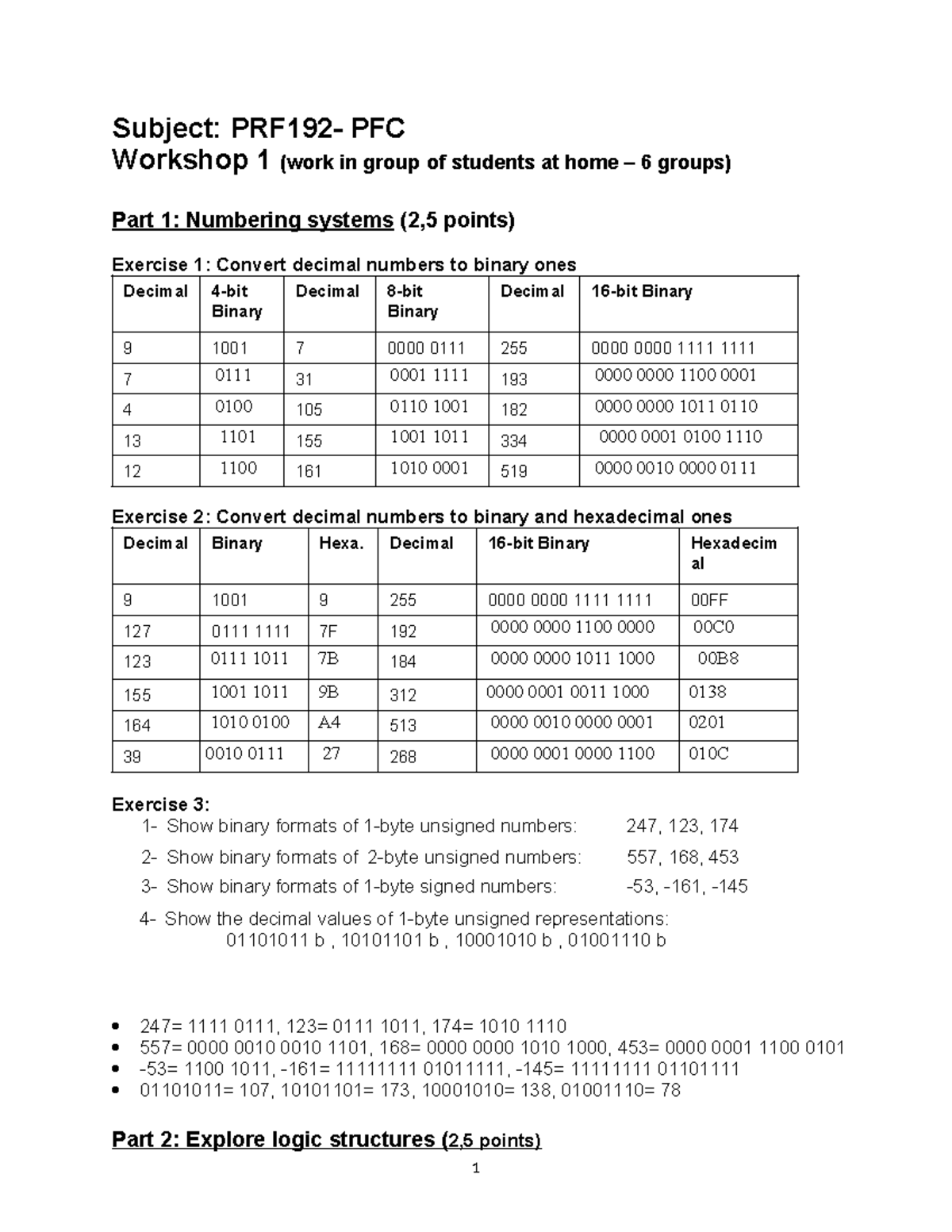 PFC Workshop 1: Numbering Systems & Logic Structures Exercises - Studocu