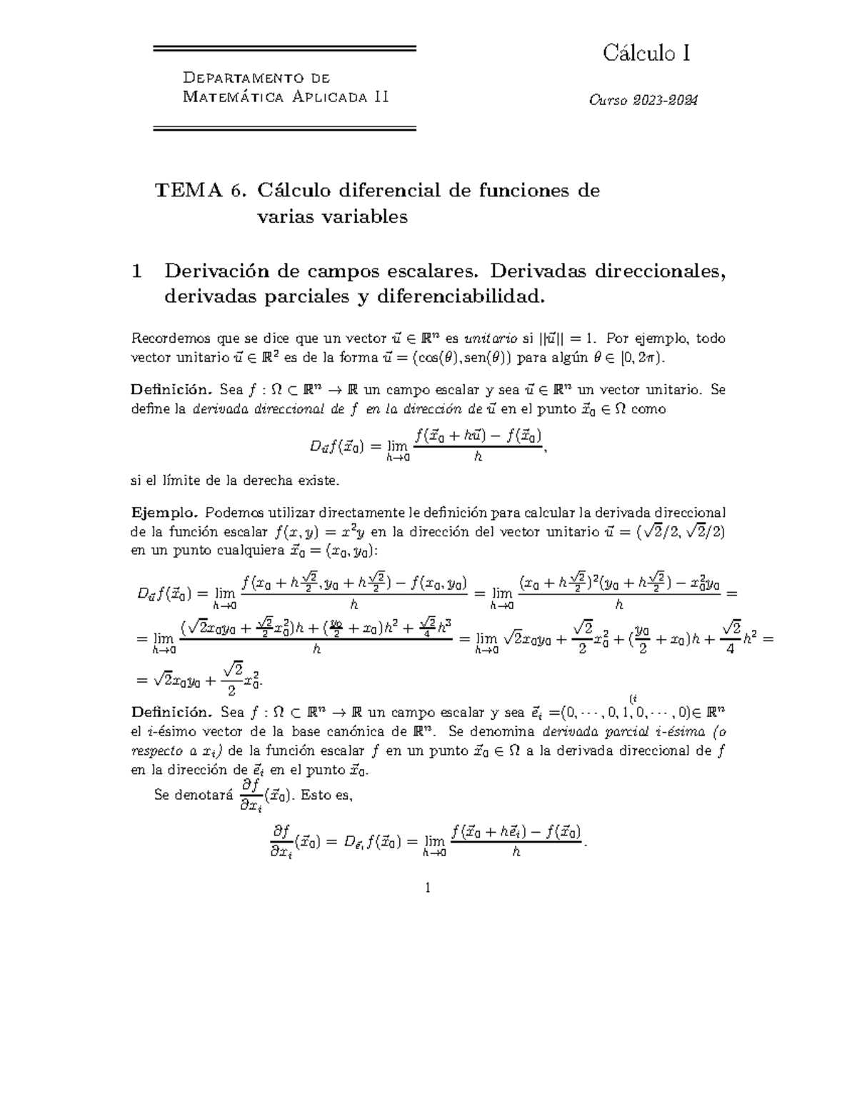 Tema6 (23-24) - Tema del cálculo diferencial de funciones de varias variables - C ́alculo I ...