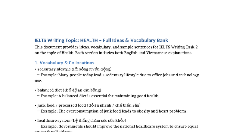 IELTS Writing Task 2: Health Ideas & Vocabulary Bank 🩺 - Studocu