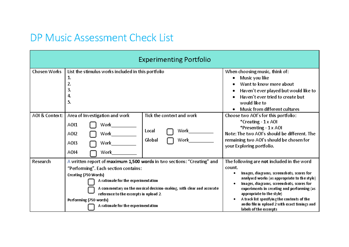 DP Music Assessment Checklist for Experimentation Portfolio - Studocu