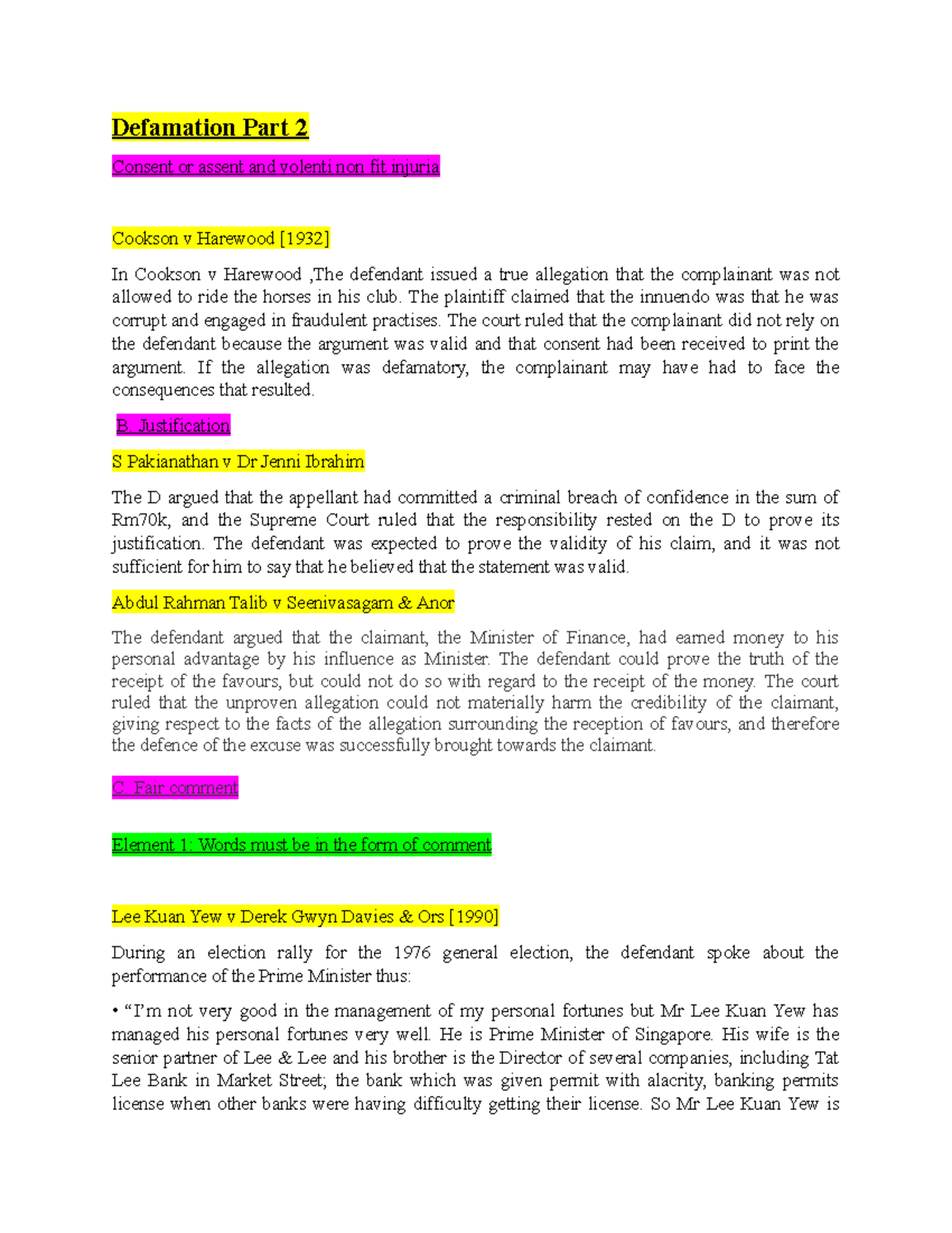 Defamation Law: Key Cases and Principles - Part 2 Analysis - Studocu