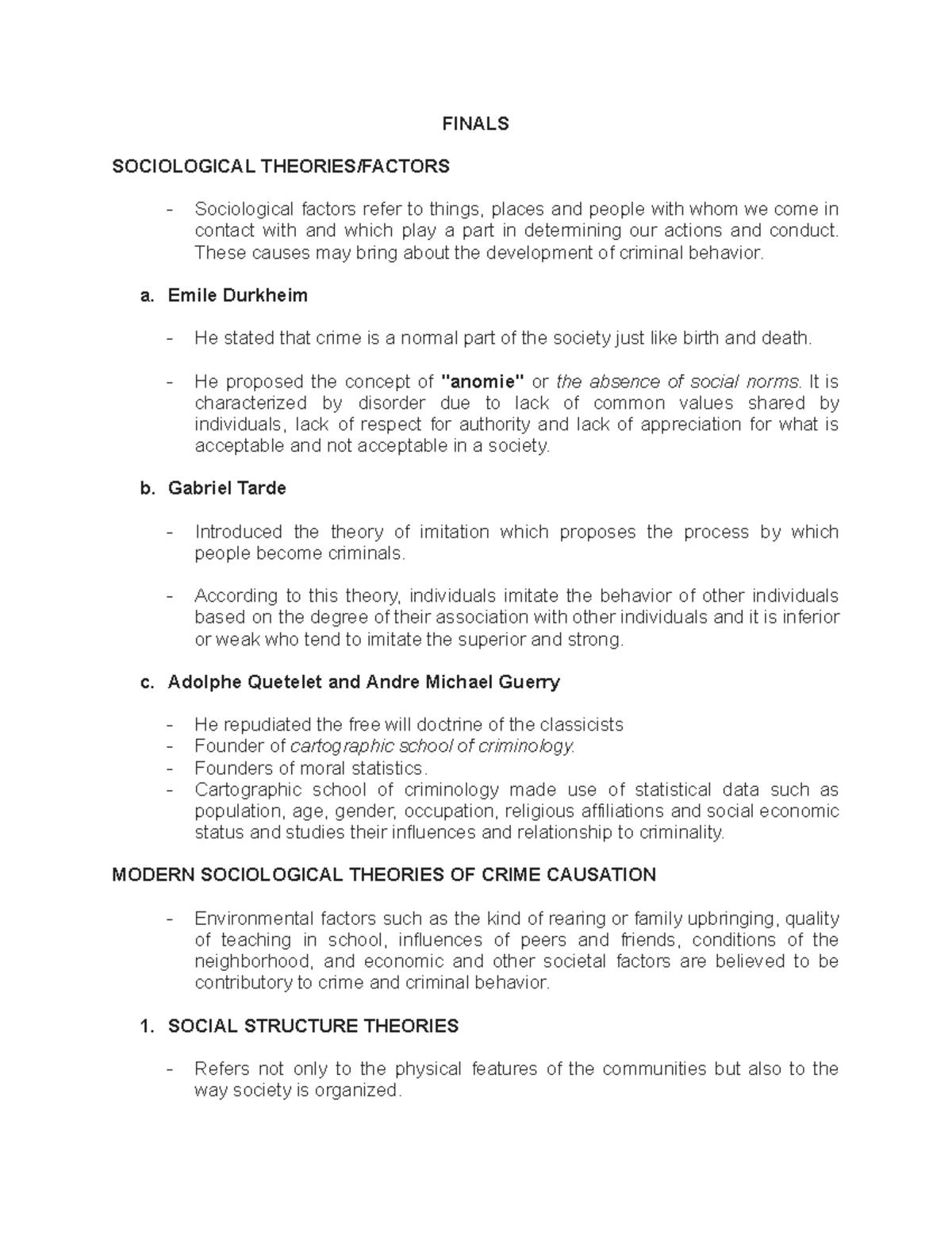 TCRIME 101 Finals: Exploring Sociological Theories of Crime - Studocu