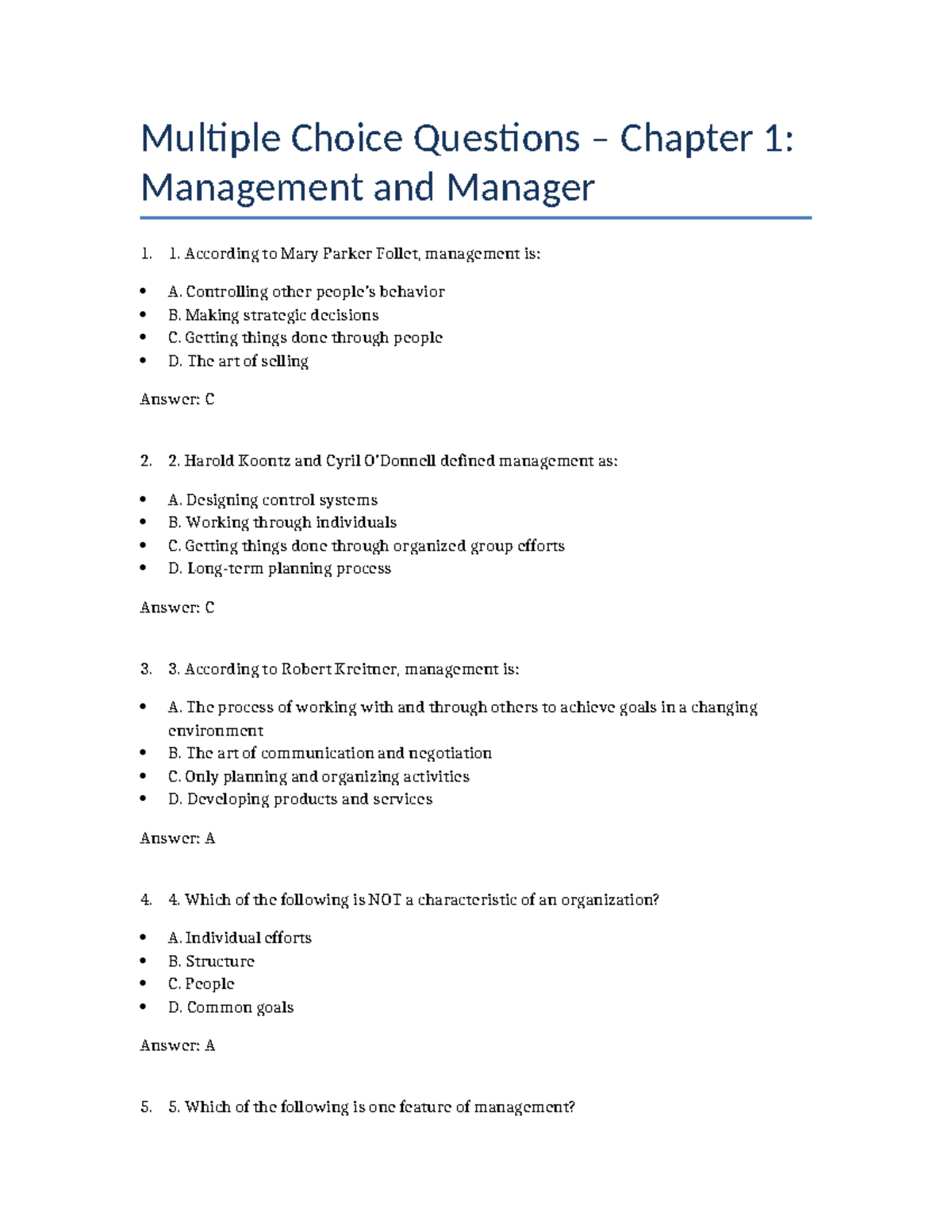 Management MCQs Chapter 1: Understanding Management Concepts - Studocu