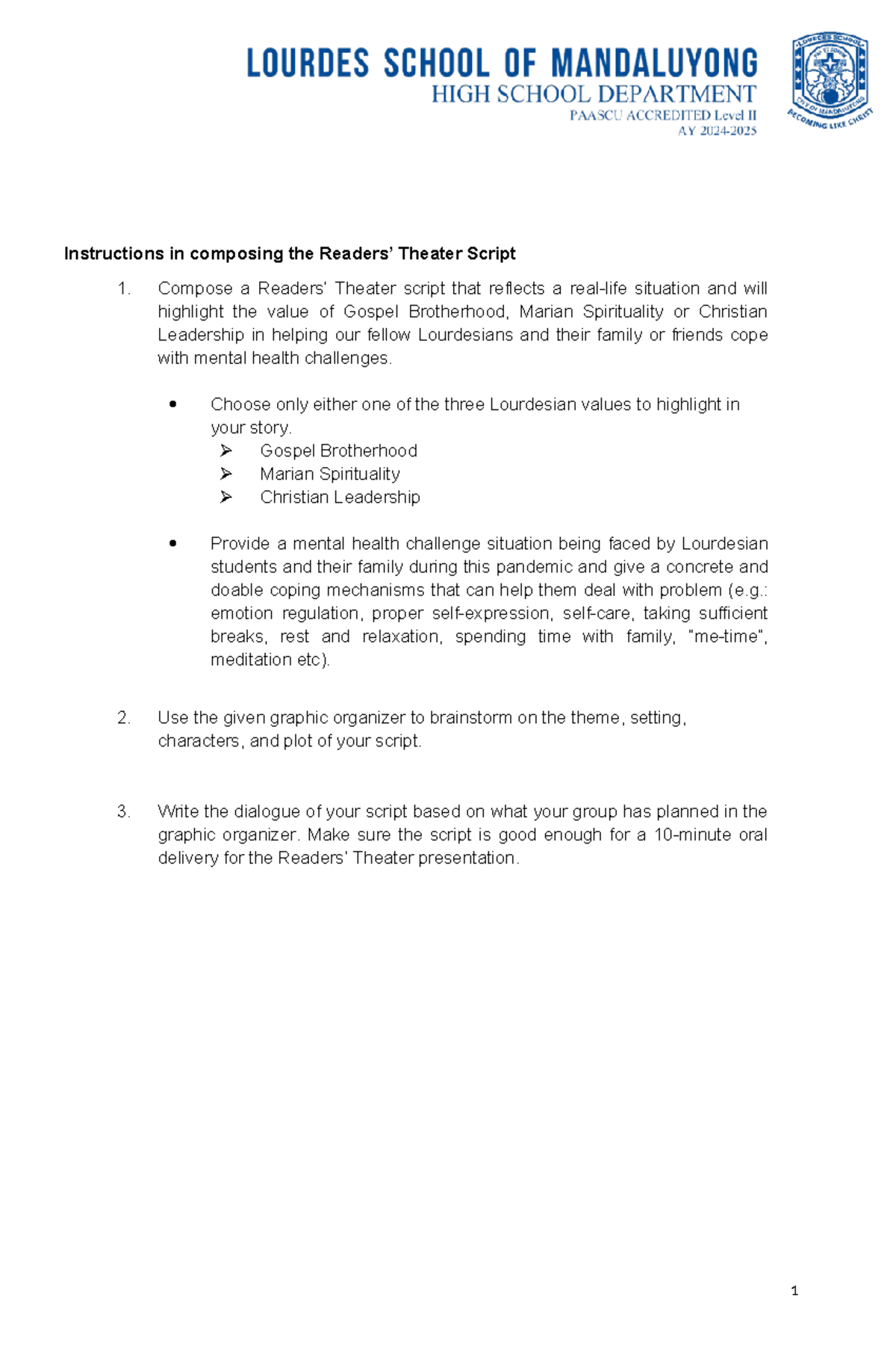 Readers’ Theater Script Instructions: Highlighting Gospel Values - Studocu