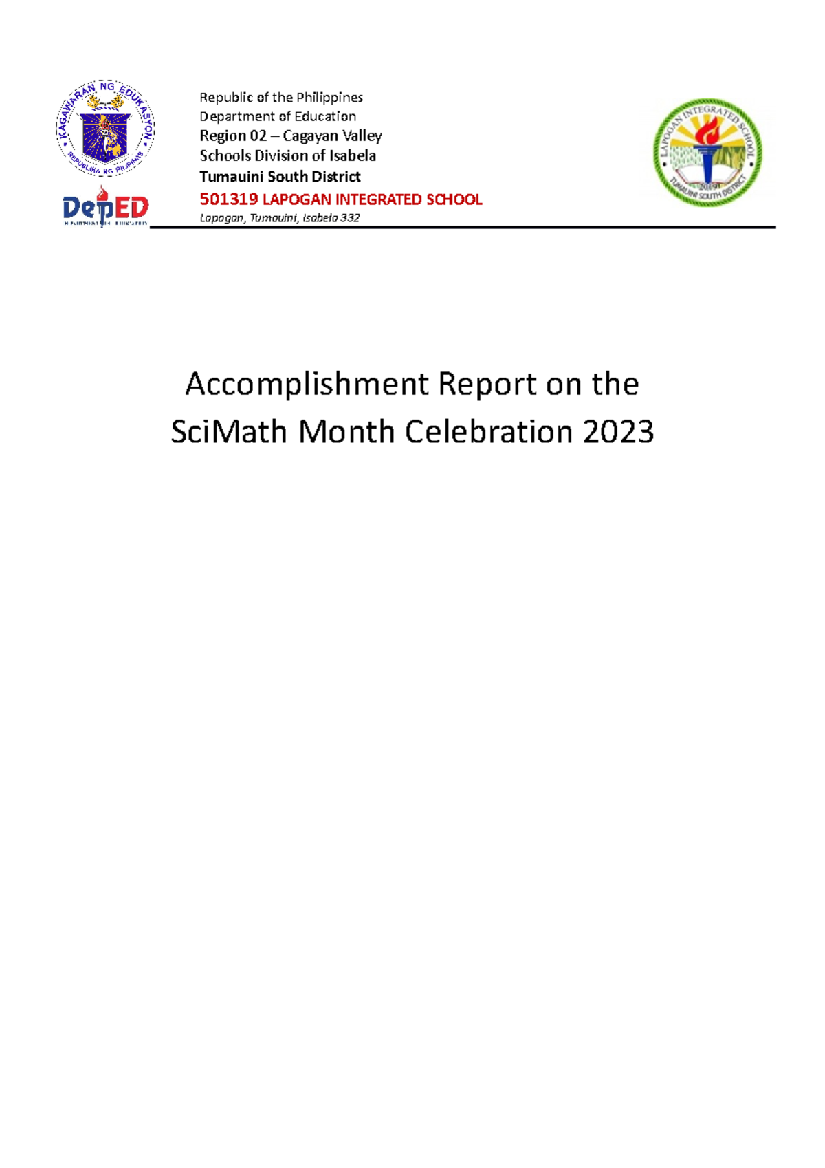 Accomplishment Report on SciMath Month 2023 - LAPOGAN INTEGRATED SCHOOL ...