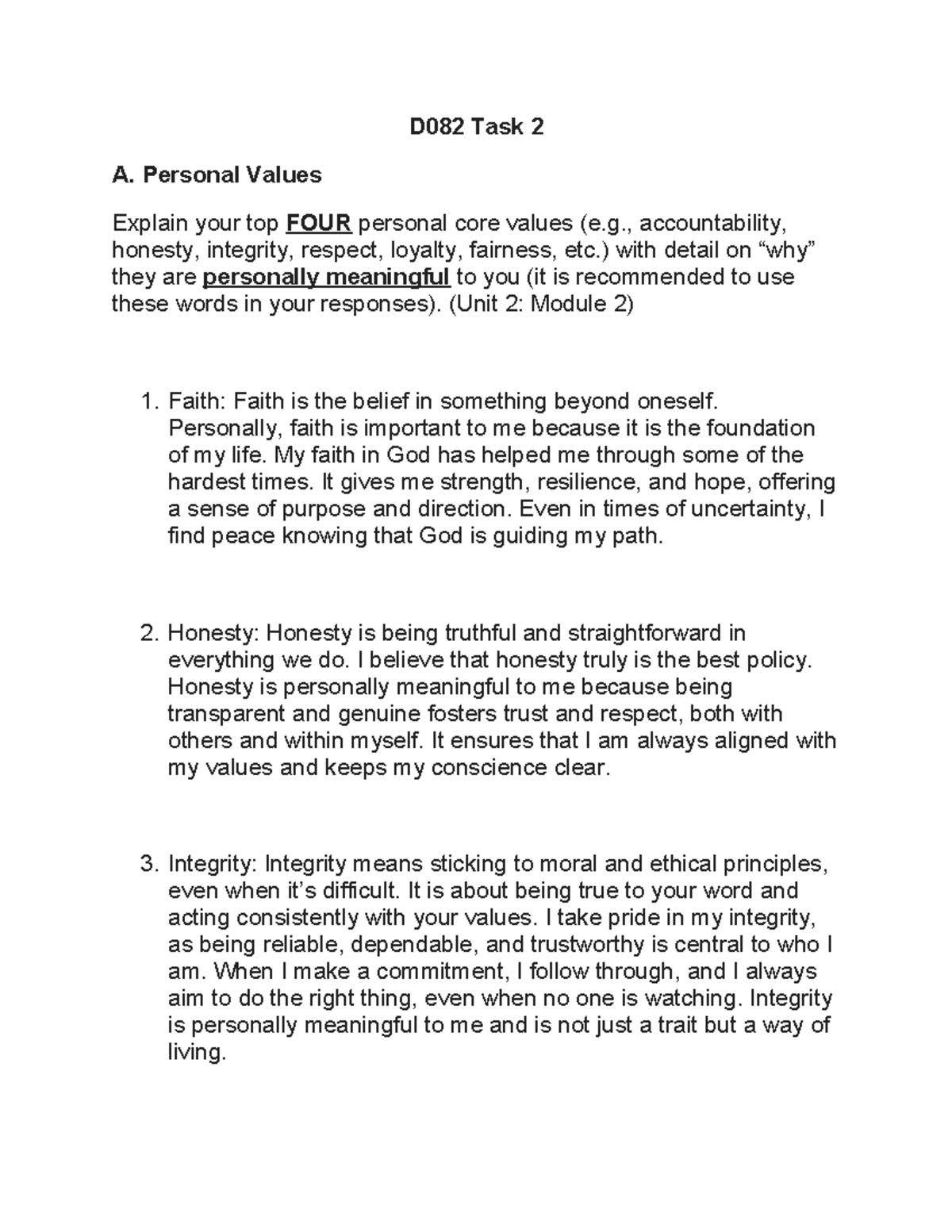 D082 Task 2 - Personal Core Values and Cultural Intelligence Analysis ...