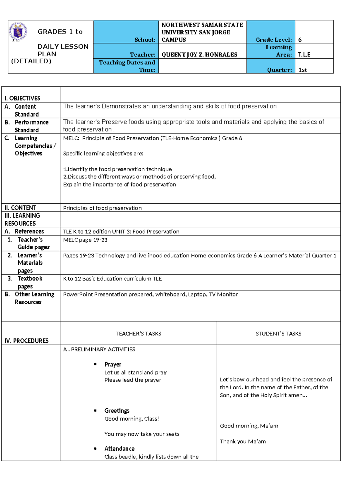 Principles of Food Preservation: Detailed Lesson Plan for TLE 6 - Studocu