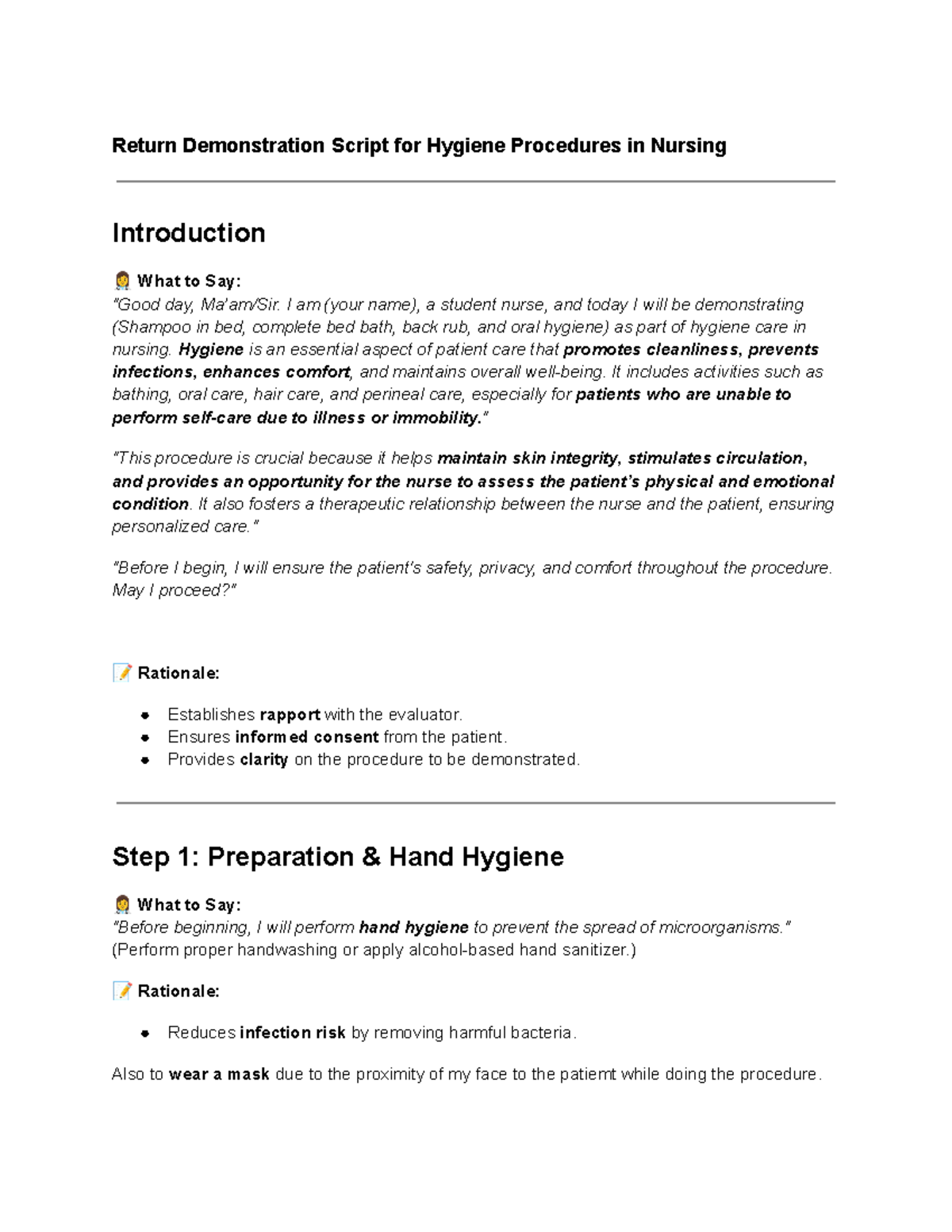 CBB Nursing Hygiene Procedures: Return Demonstration Script - Studocu