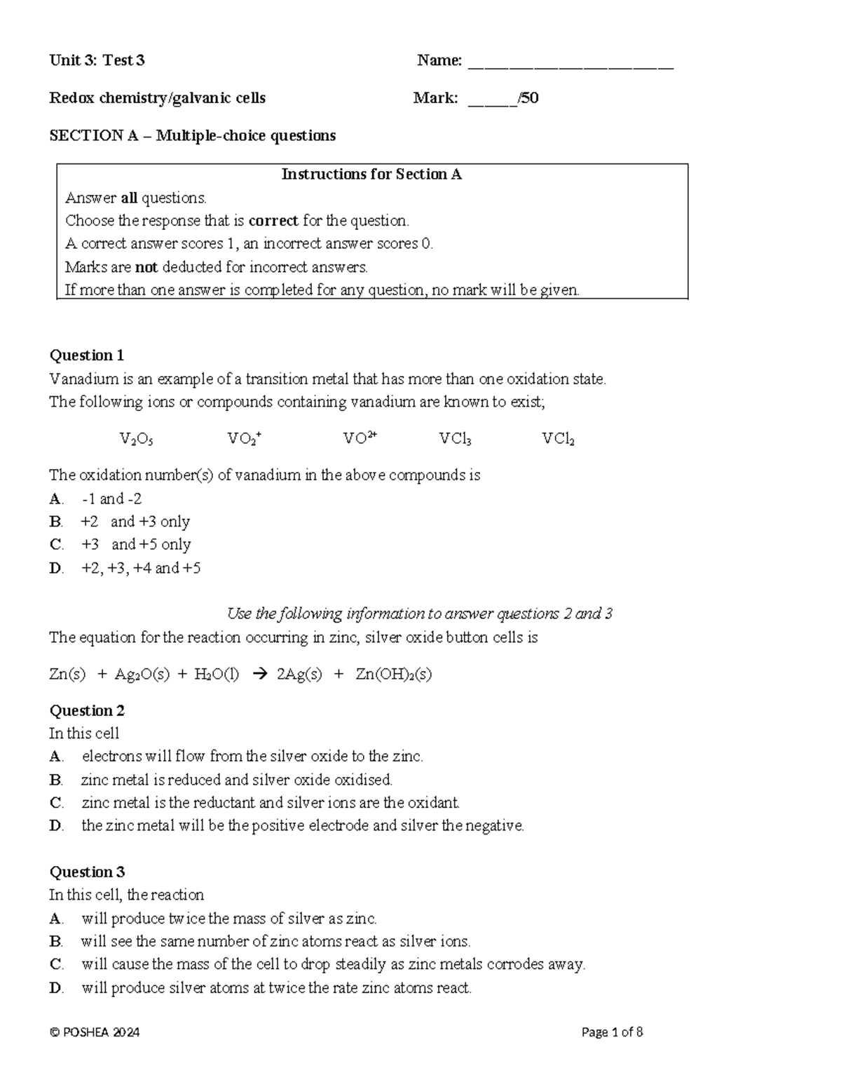 Redox test unit 3 chemistry 2024 - Unit 3: Test 3 Name ...