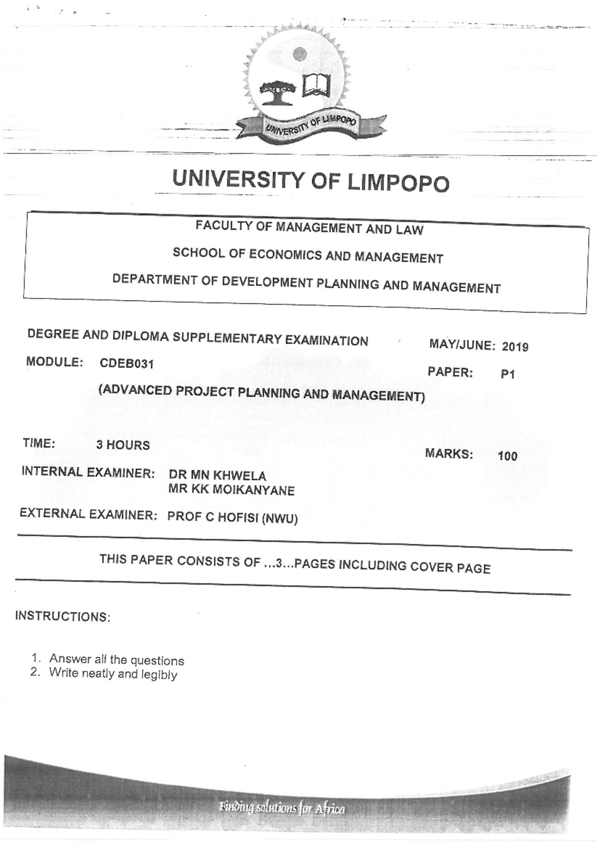 CDEB031 May/Jun 2019 - Advanced Project Planning Test Practice - Studocu