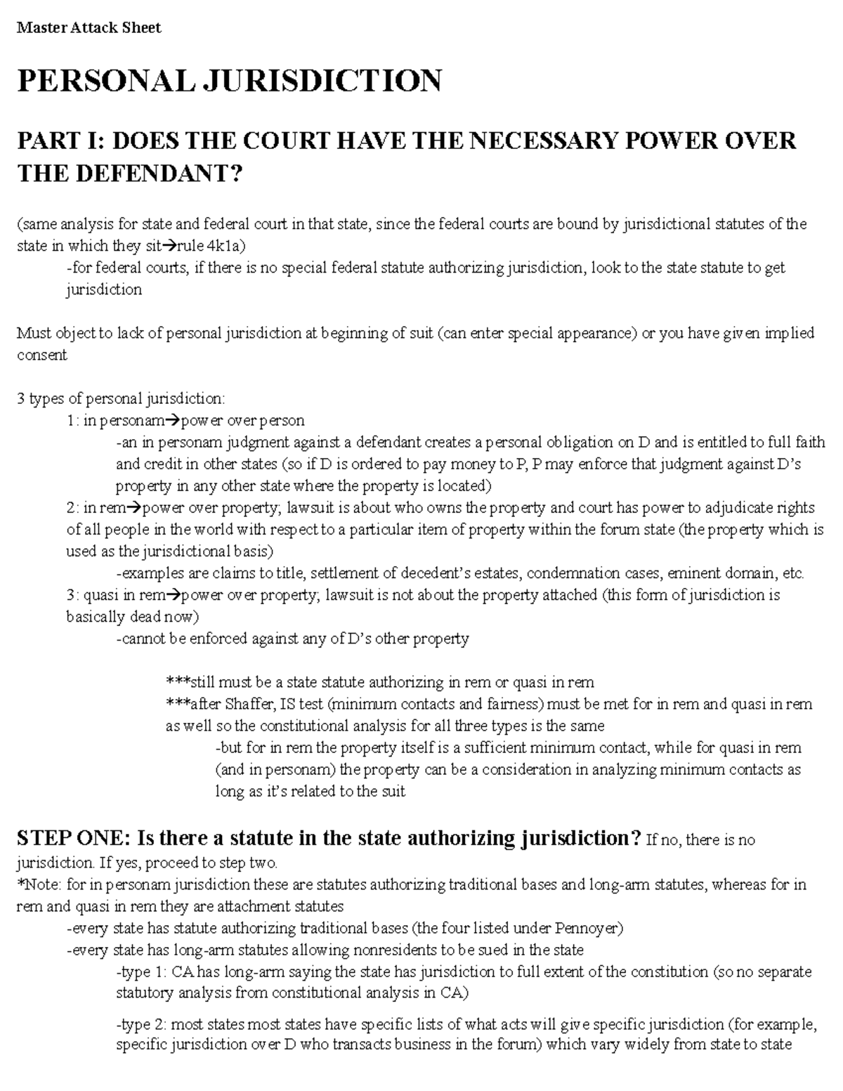 Master Attack Sheet - Personal Jurisdiction Overview and Analysis - Studocu