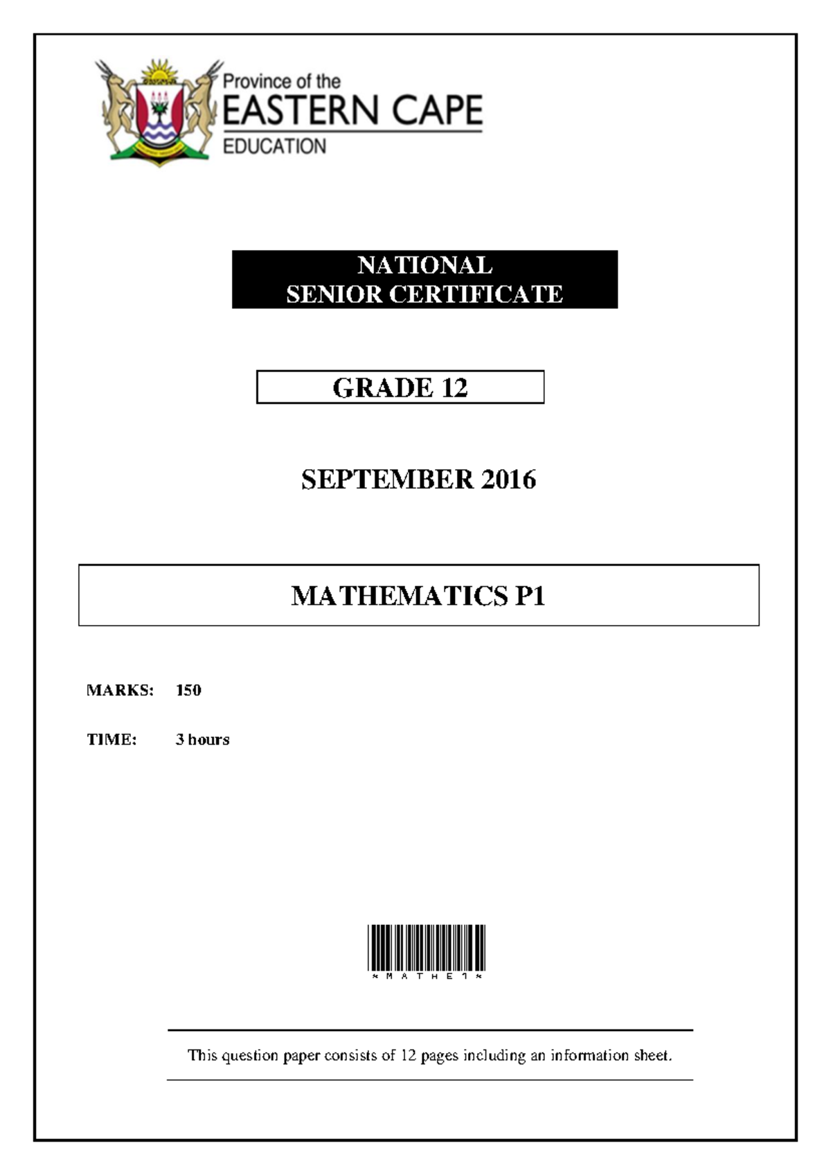Maths P1 Grade 12 September 2016 Examination Paper - Studocu