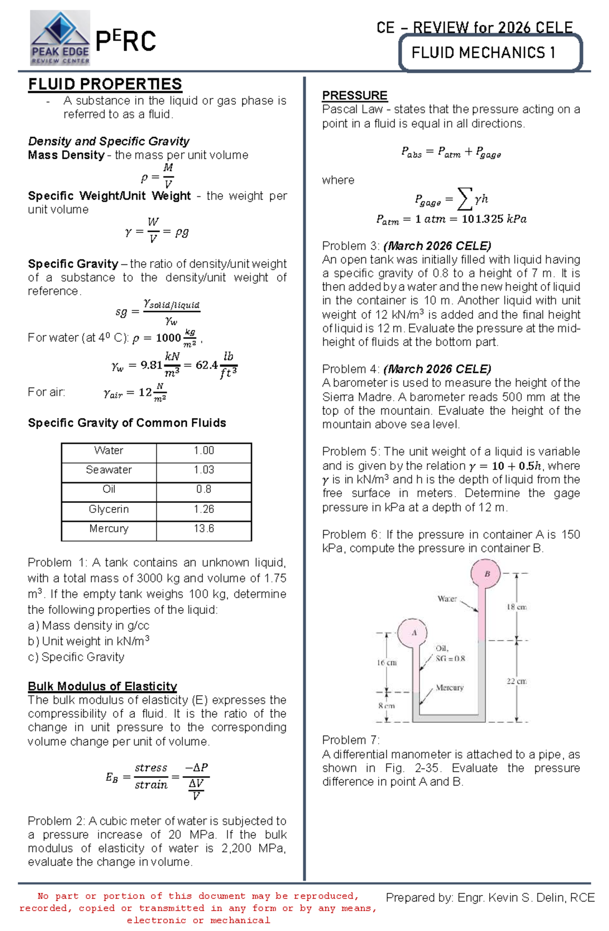 CE 2026 CELE E P RC Fluid Mechanics 1: Fluid Properties & Pressure ...