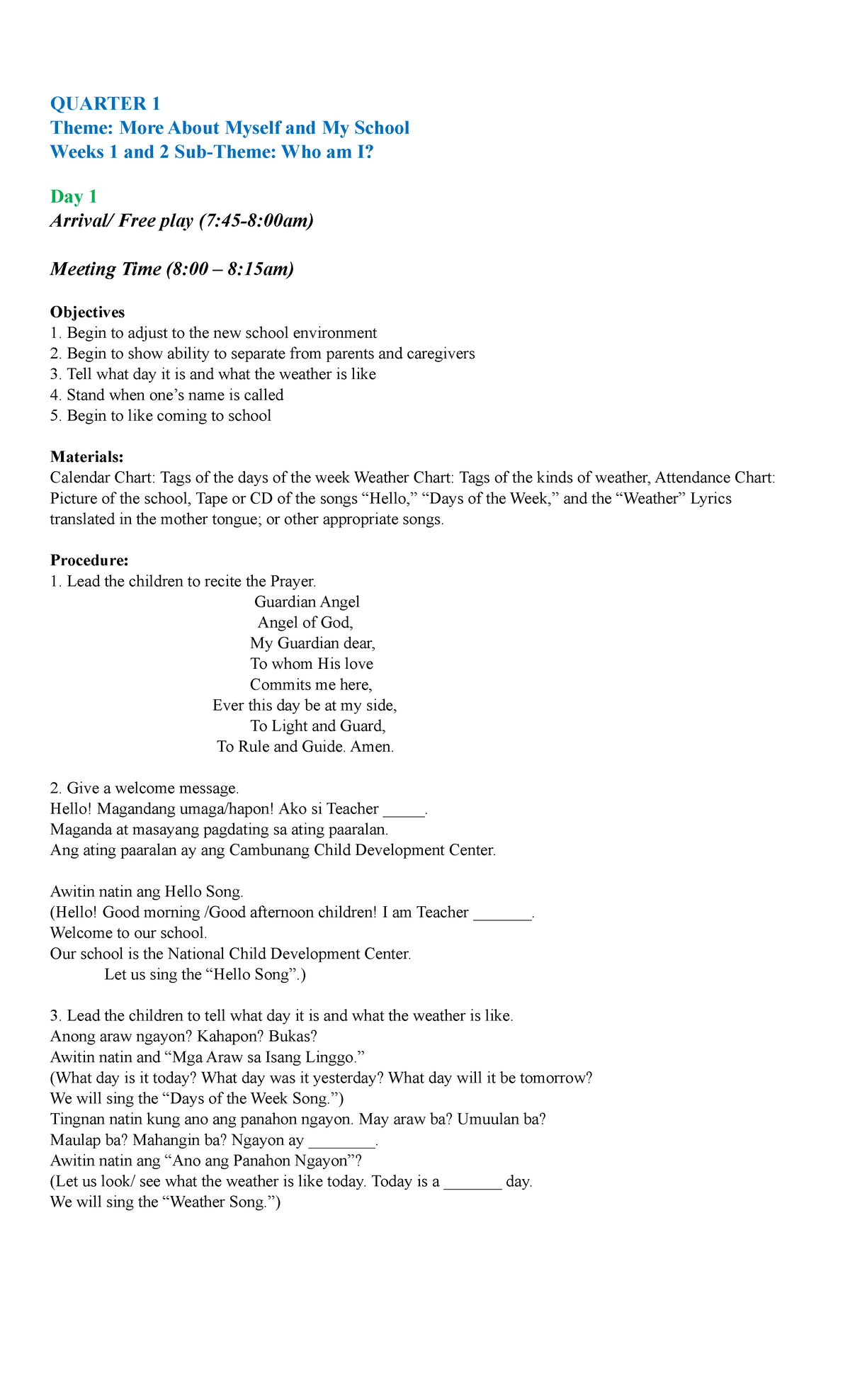Session Plan Q1: Week 1 Day 1 - Theme: More About Myself and School ...
