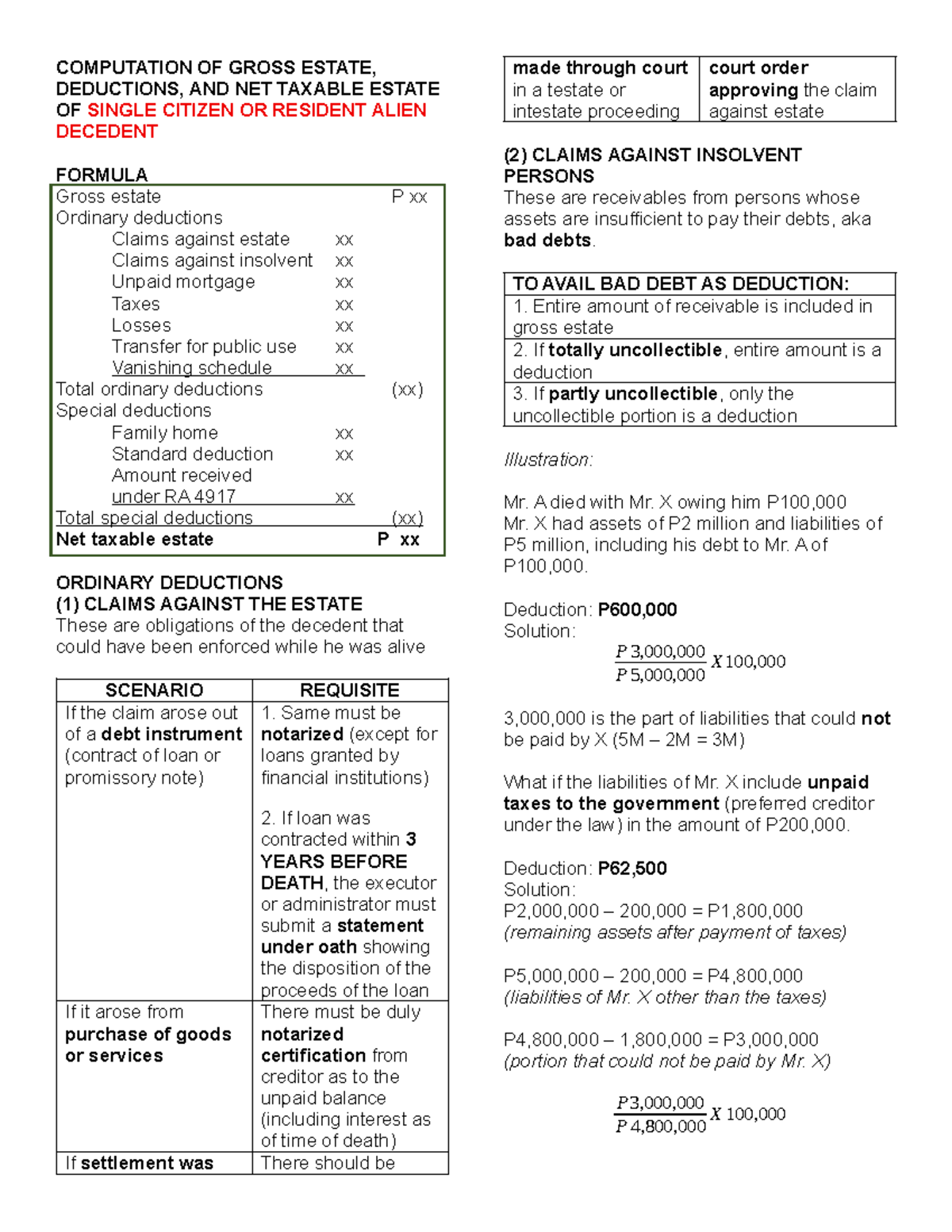 Computation of Gross Estate and Deductions for Single Decedent - Studocu