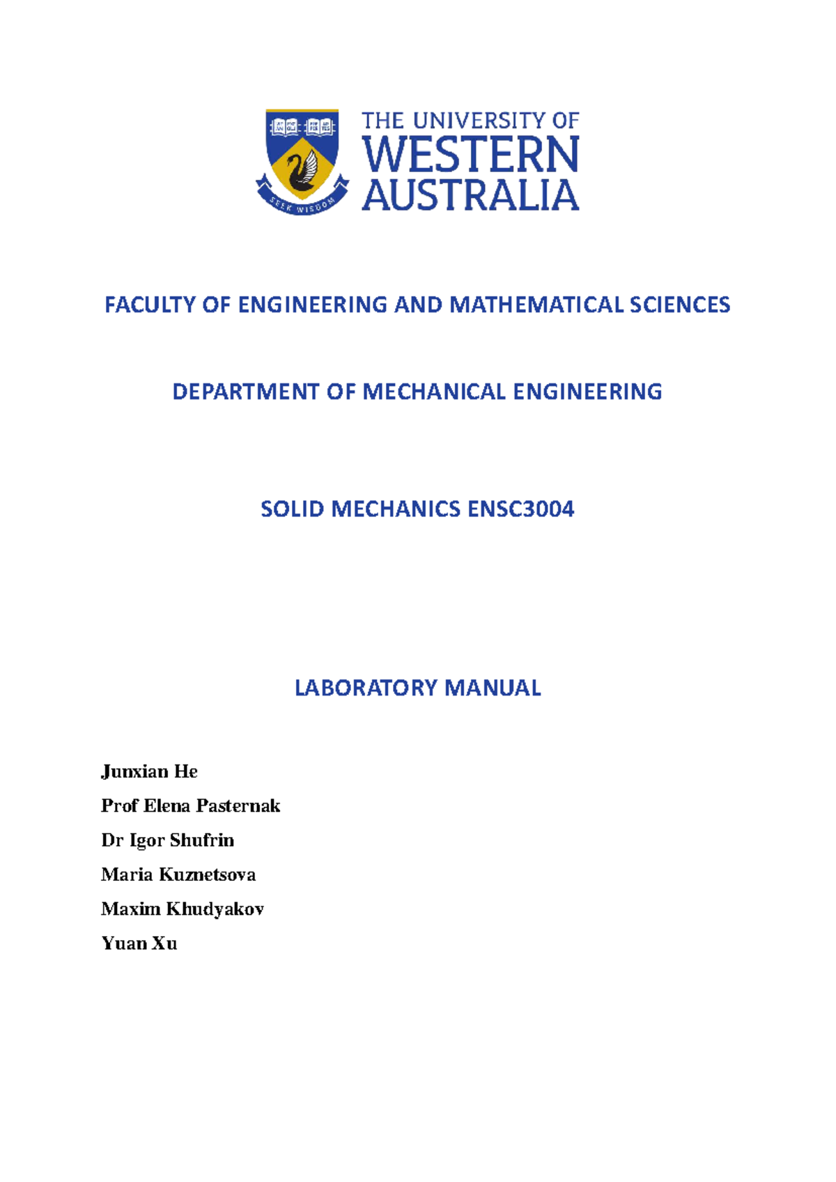 ENSC3004 Solid Mechanics Laboratory Manual: Experiments & Guidelines ...