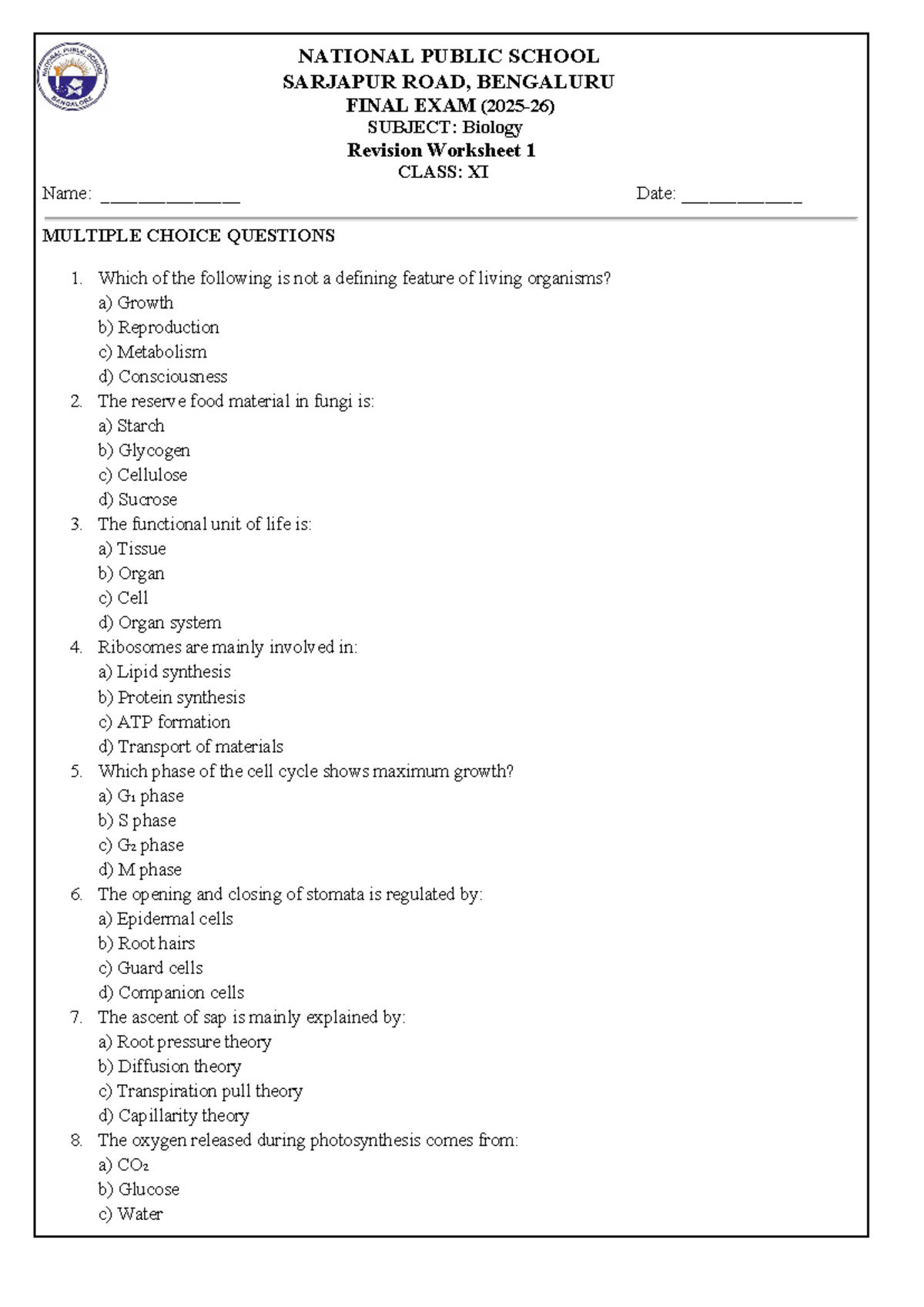 XI Biology Final Exam Revision Worksheet 1 - MCQs - Studocu