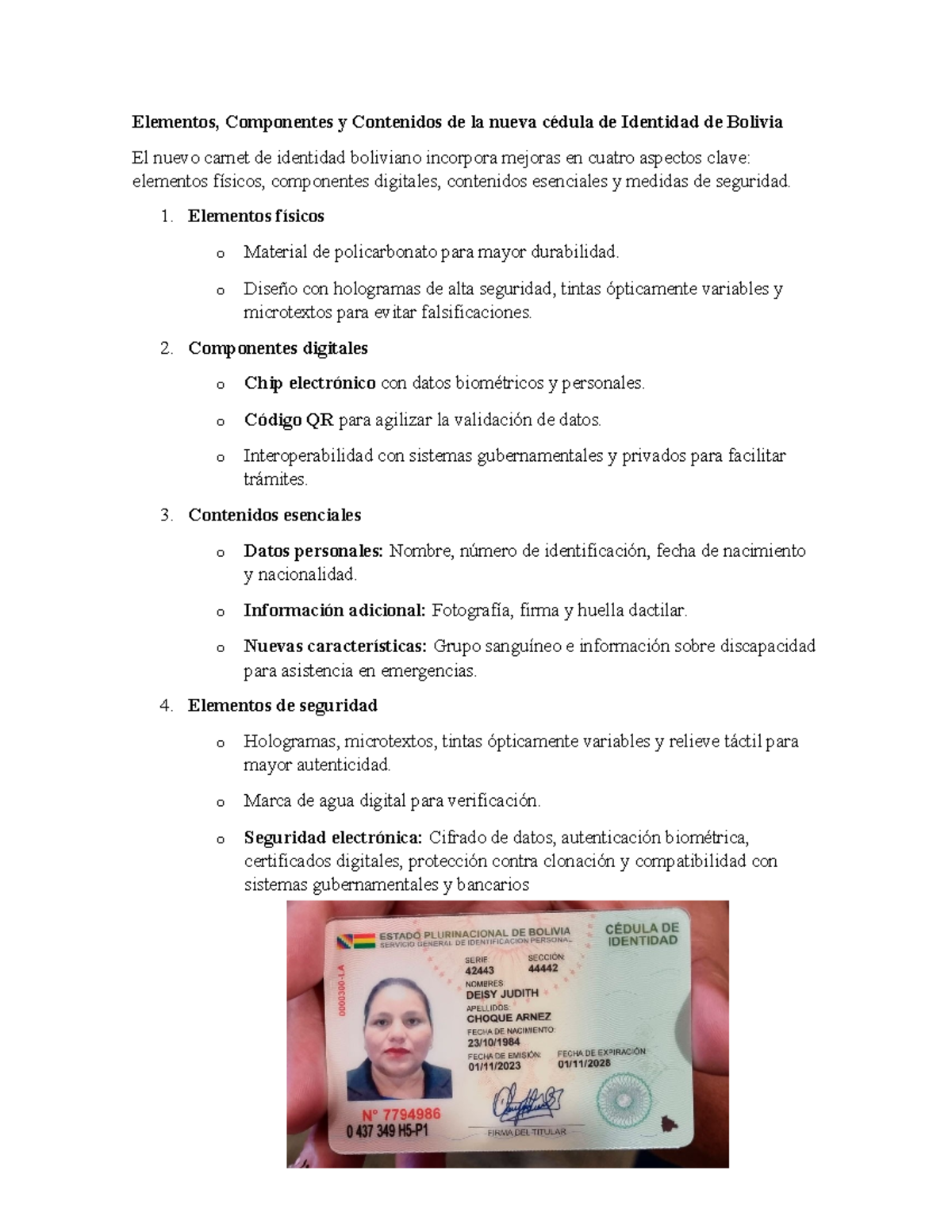 Elementos y Componentes del Nuevo Carnet de Identidad de Bolivia - Studocu