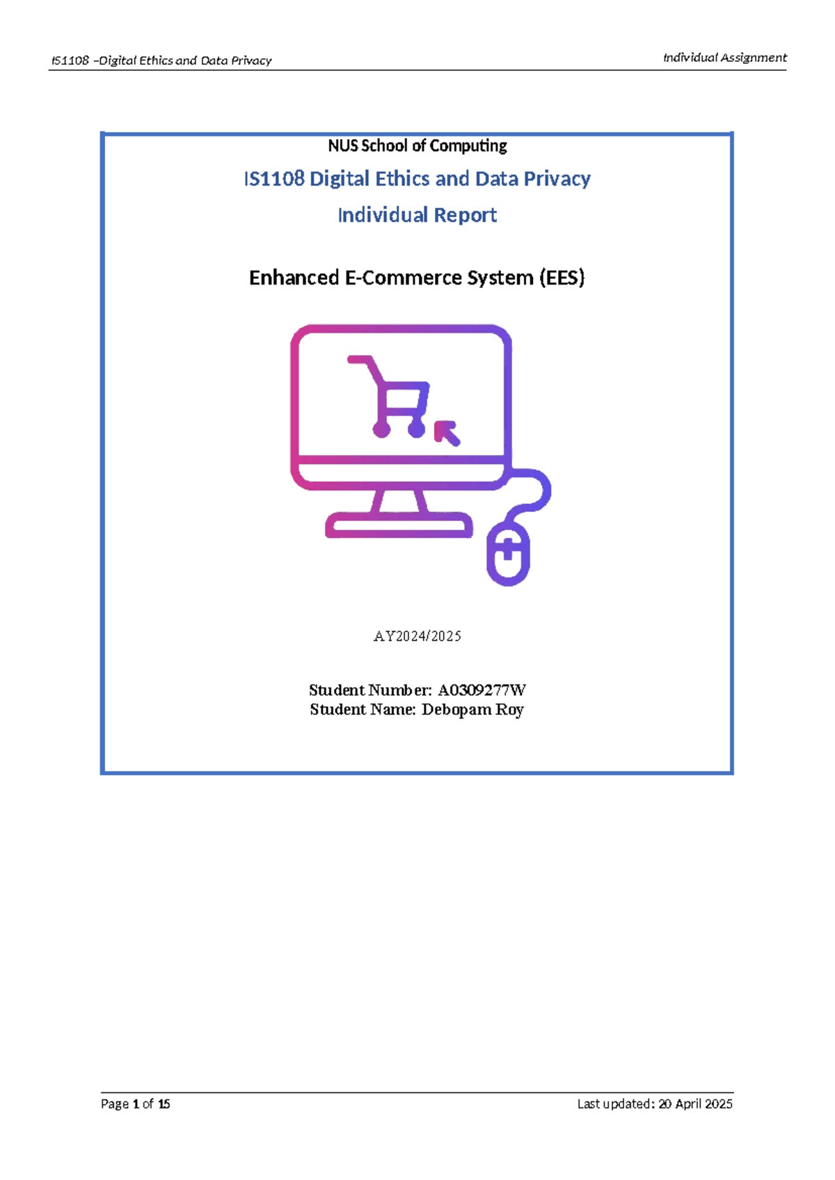 IS1108 Individual Assignment: Ethics and Data Privacy in EES - Studocu
