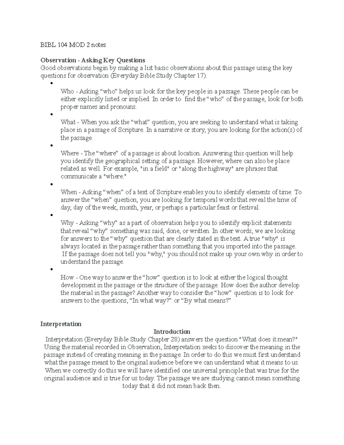 BIBL 104 MOD 2 Observation & Interpretation Notes - Studocu