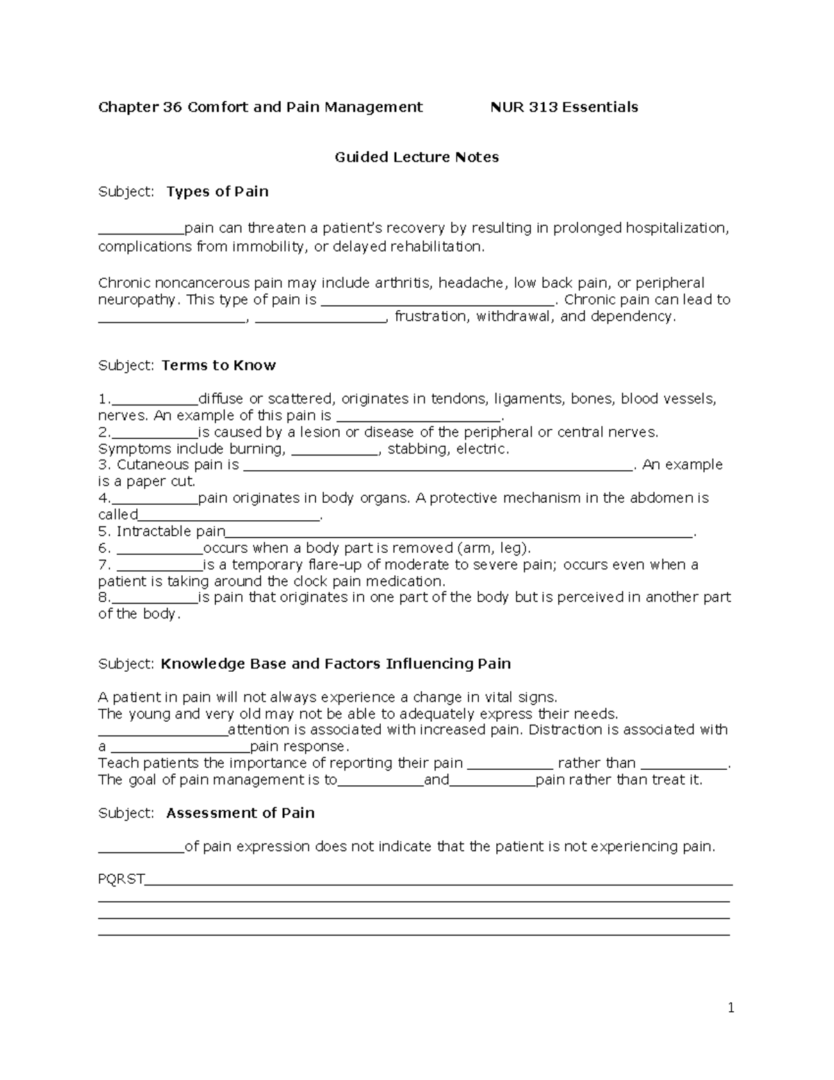 Guided Notes for Chapter 36: Comfort & Pain Management NUR 313 - Studocu