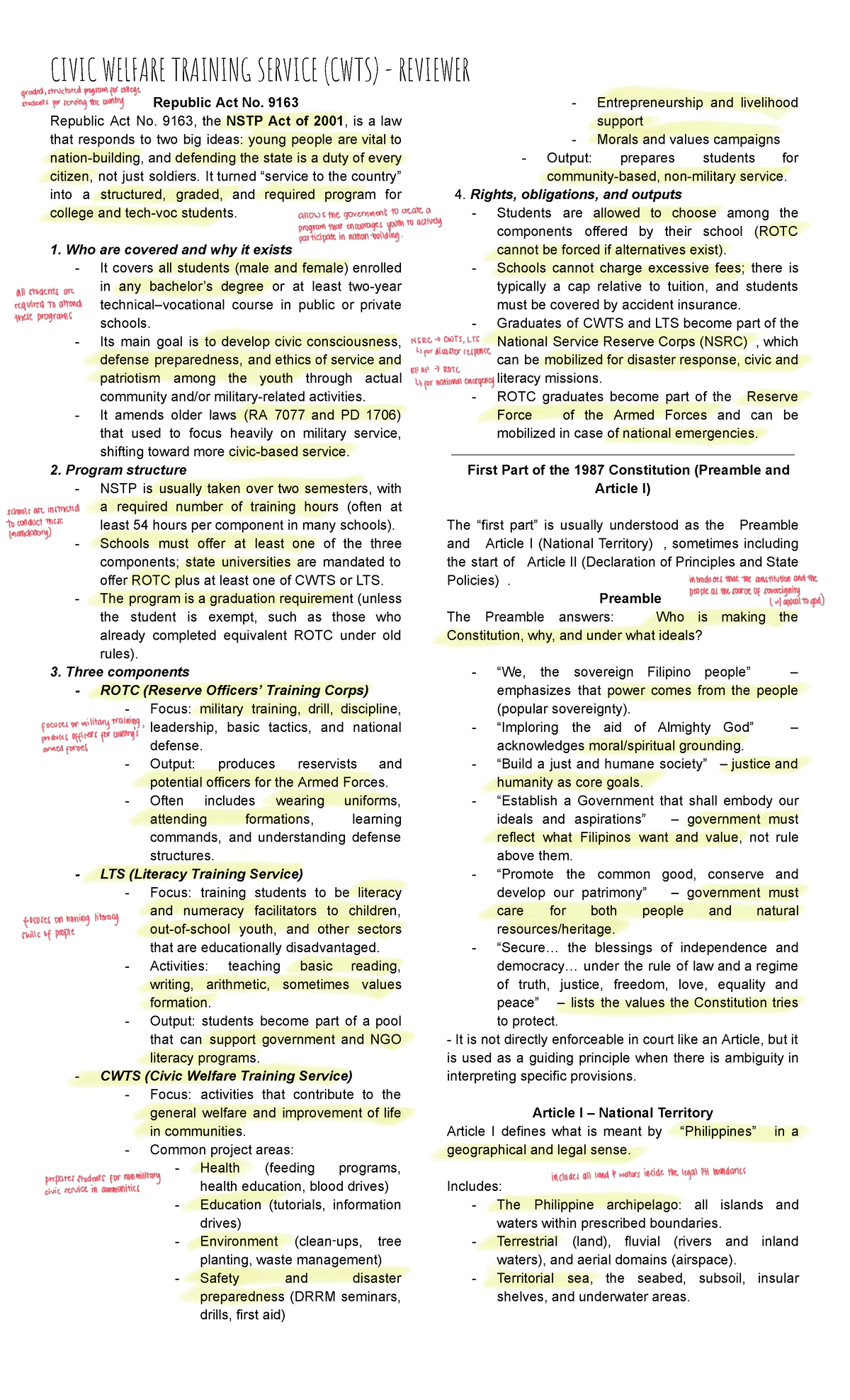 CIVIC WELFARE TRAINING SERVICE (CWTS) REVIEWER: RA 9163 Insights - Studocu