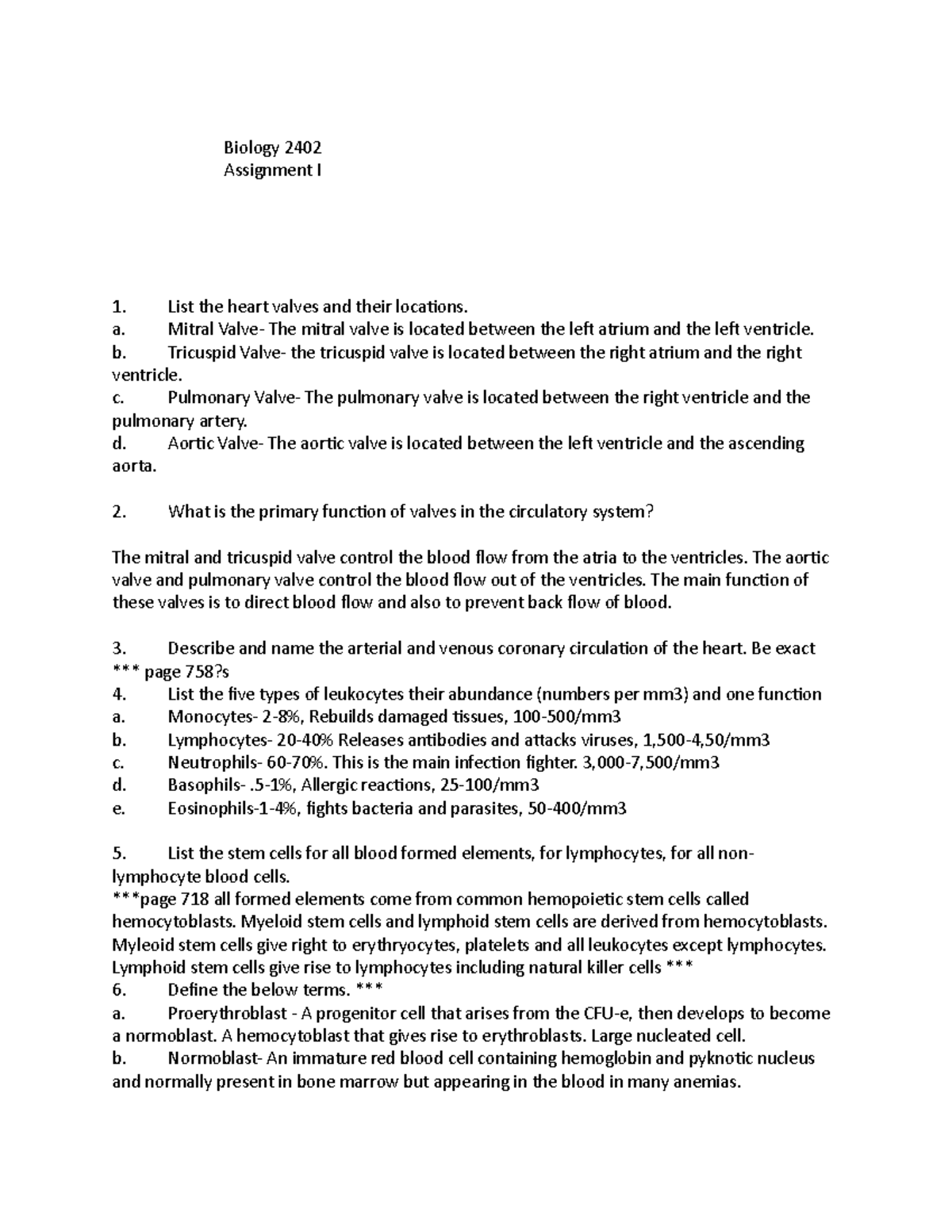 Cardiac system assignment AP - Biology 2402 Assignment I List the heart ...