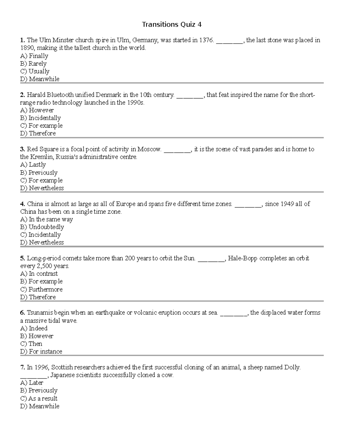 Transitions Quiz 4 - Transition Practice and Exercises - Studocu