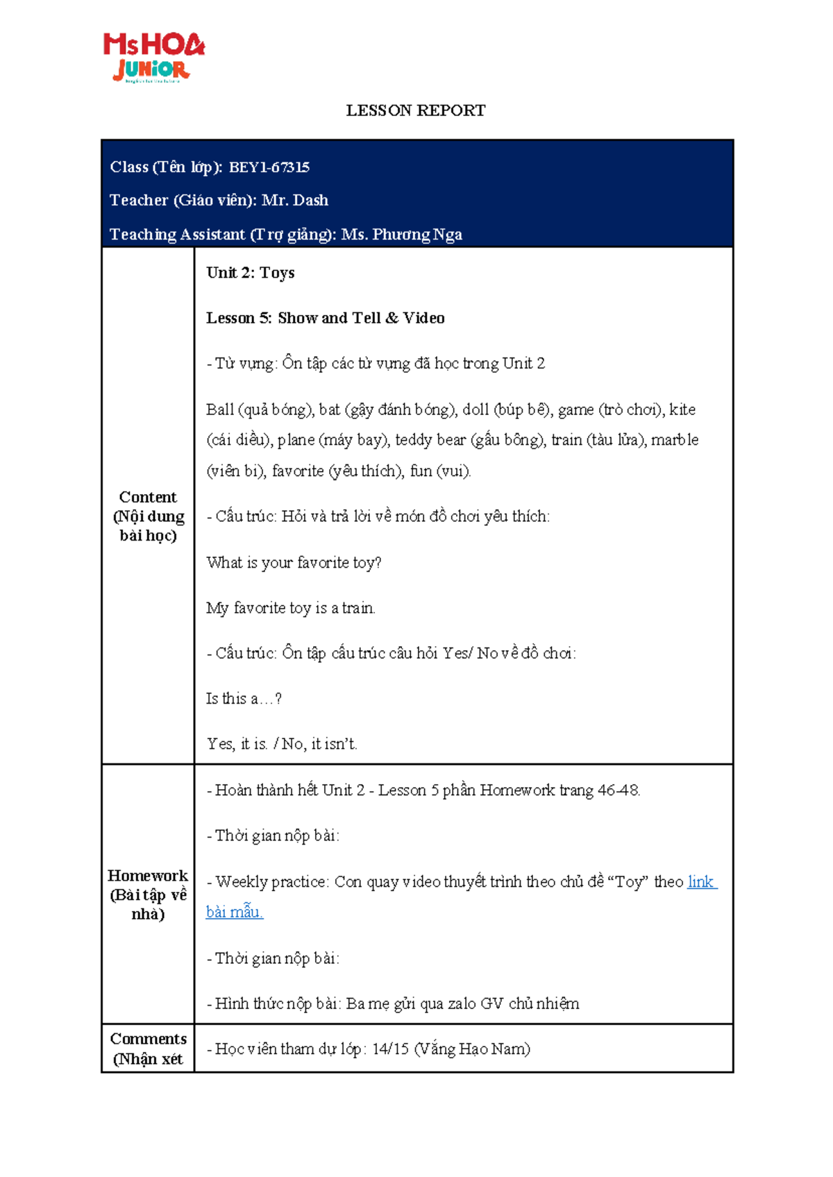 Lesson Report - U2 - L5 - Explorer 1 - LESSON REPORT Class (Tên lớp ...
