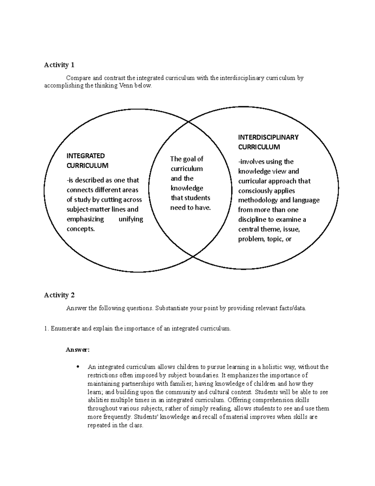 Integrated Curriculum in Social Studies: Activity 1 Overview - Studocu