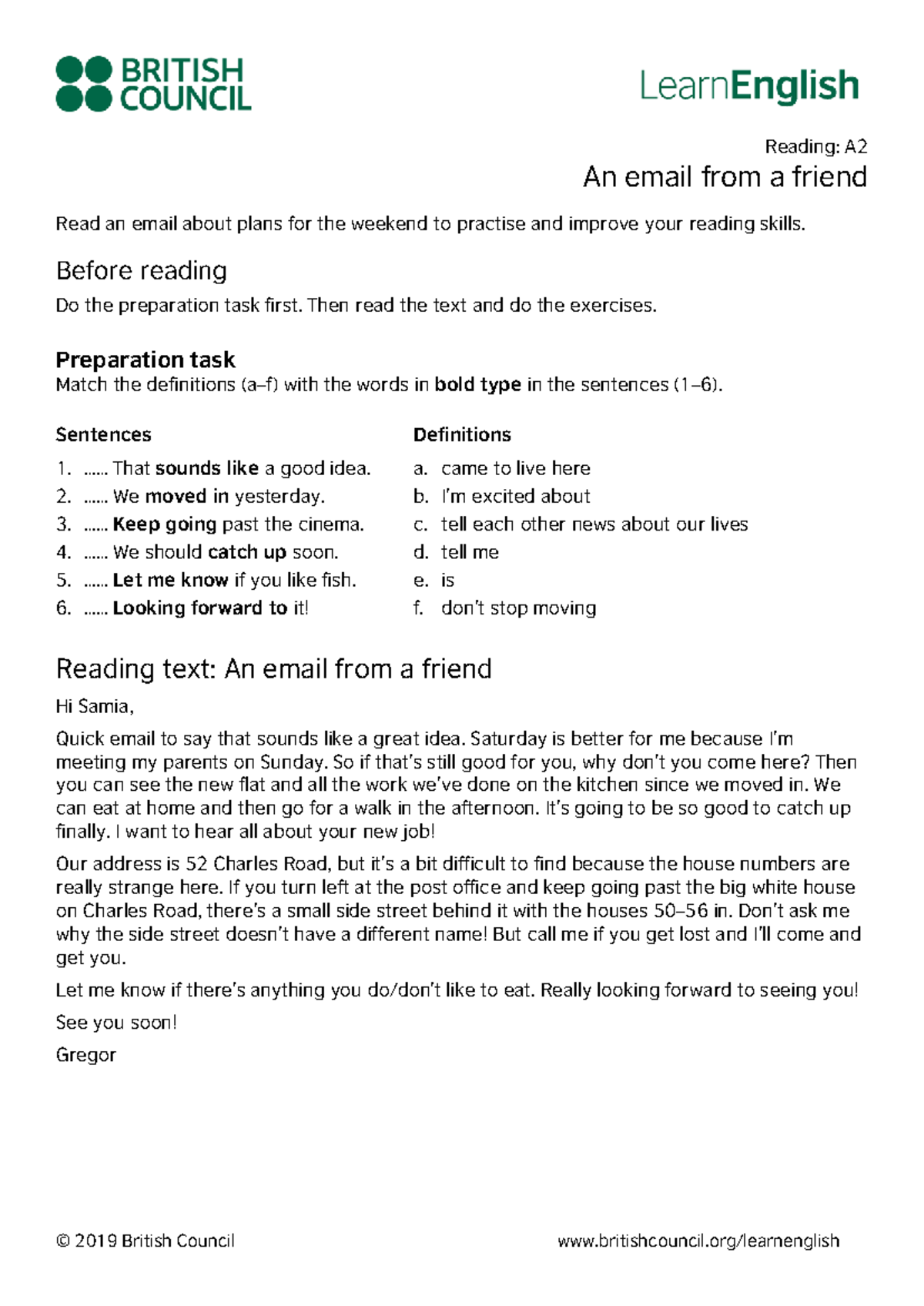 Learn English Reading A2 An email from a friend - © 2019 British ...