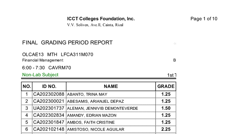OLCAE13 Final Grading Period Report for LFCA311M070 - Studocu