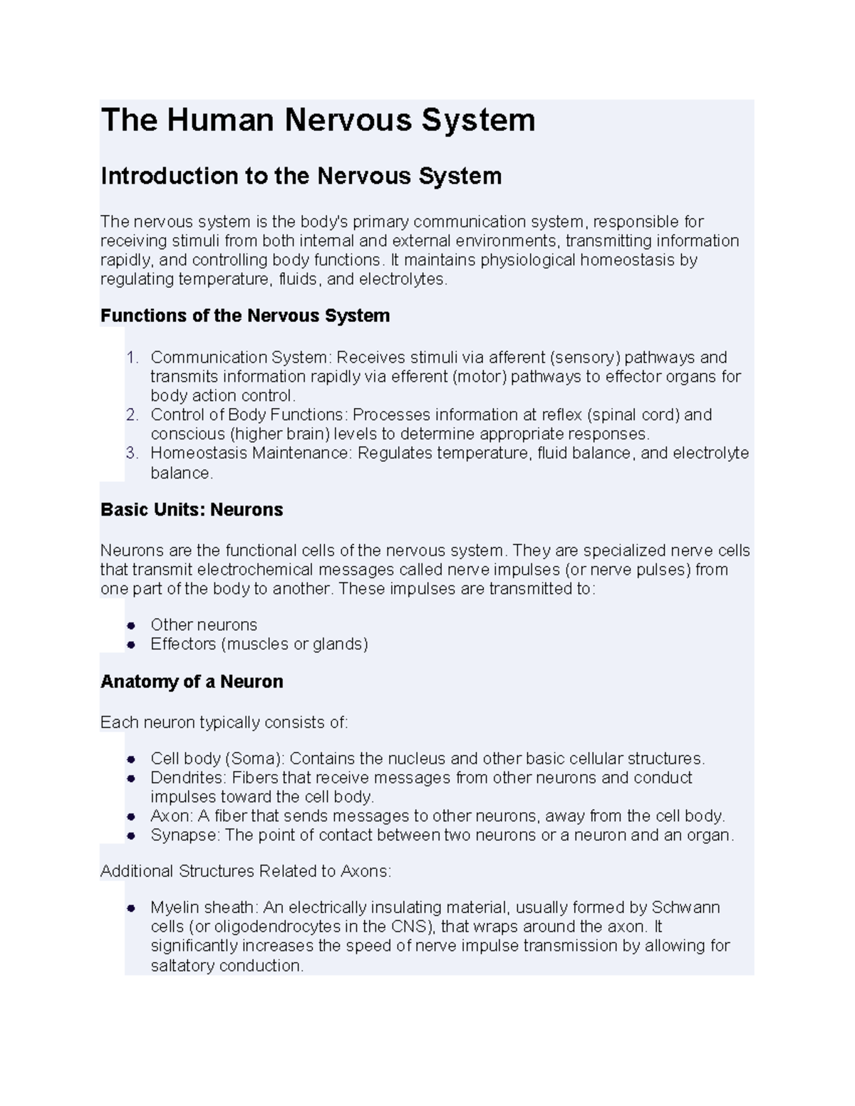 Nervous System Overview: Structure, Function, and Regulation - Studocu