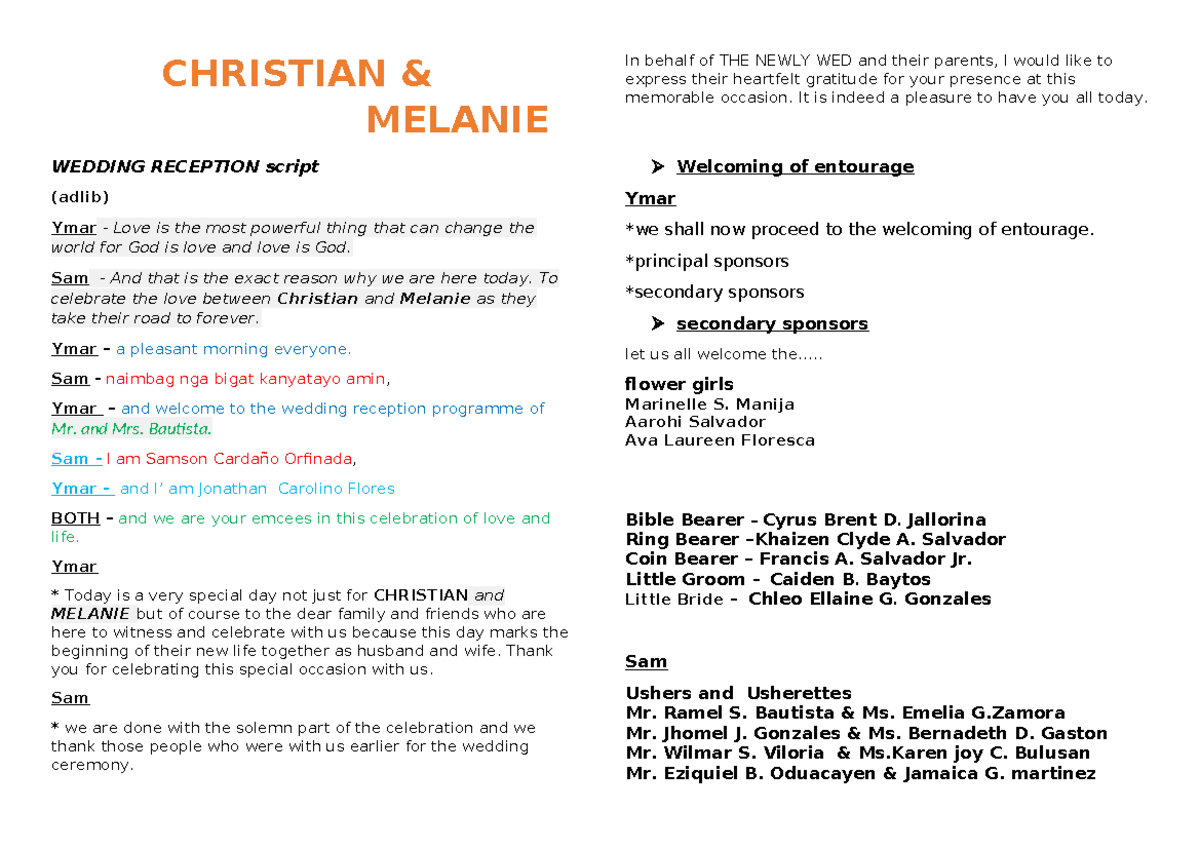 Wedding Reception Script for Christian & Melanie - April 5-6, 2022 - Studocu