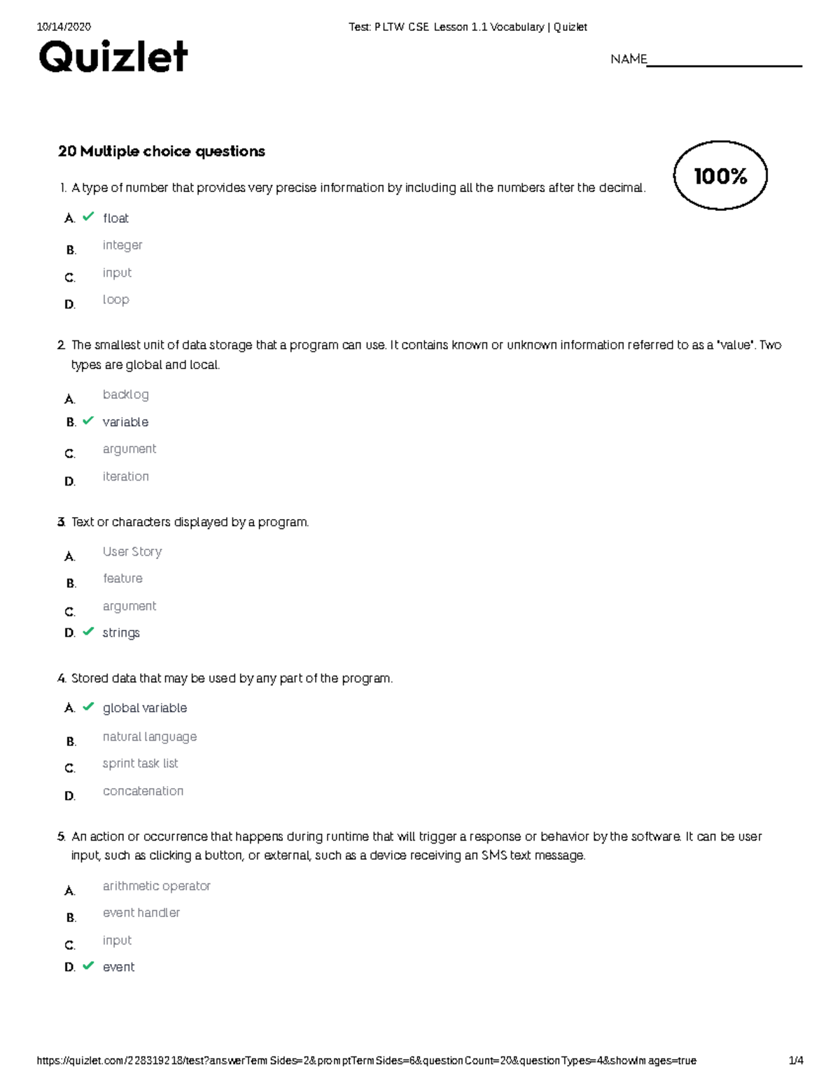 Test PLTW CSE Lesson 1.1 Vocabulary Quizlet - 20 Multiple choice ...