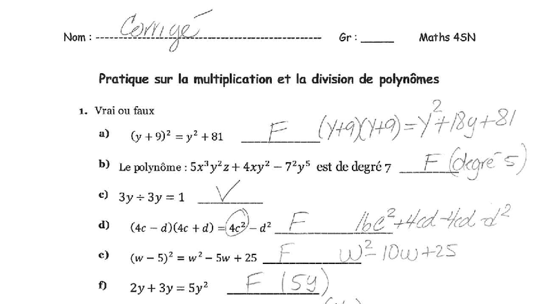 Corrigé Pratique sur la Multiplication et Division de Polynômes - Maths ...