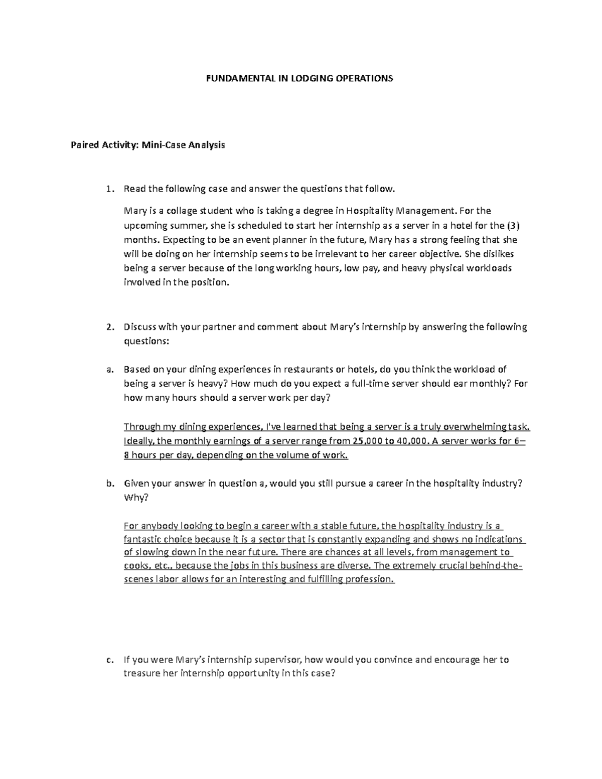 01 Laboratory Worksheet 2 - FUNDAMENTAL IN LODGING OPERATIONS Paired Activity: Mini-Case ...