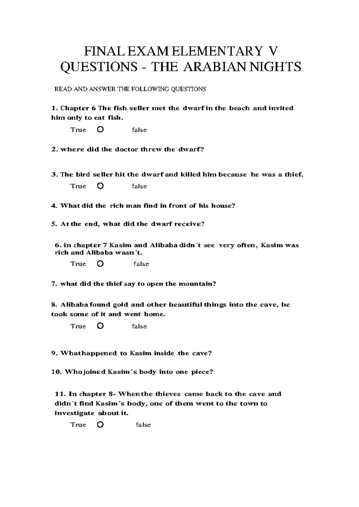 FINAL EXAM ELEMENTARY V: QUESTIONS ON THE ARABIAN NIGHTS - Studocu