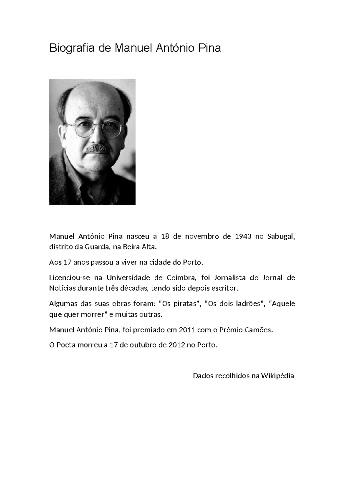 Biografia de Manuel António Pina - Biografia de Manuel António Pina ...