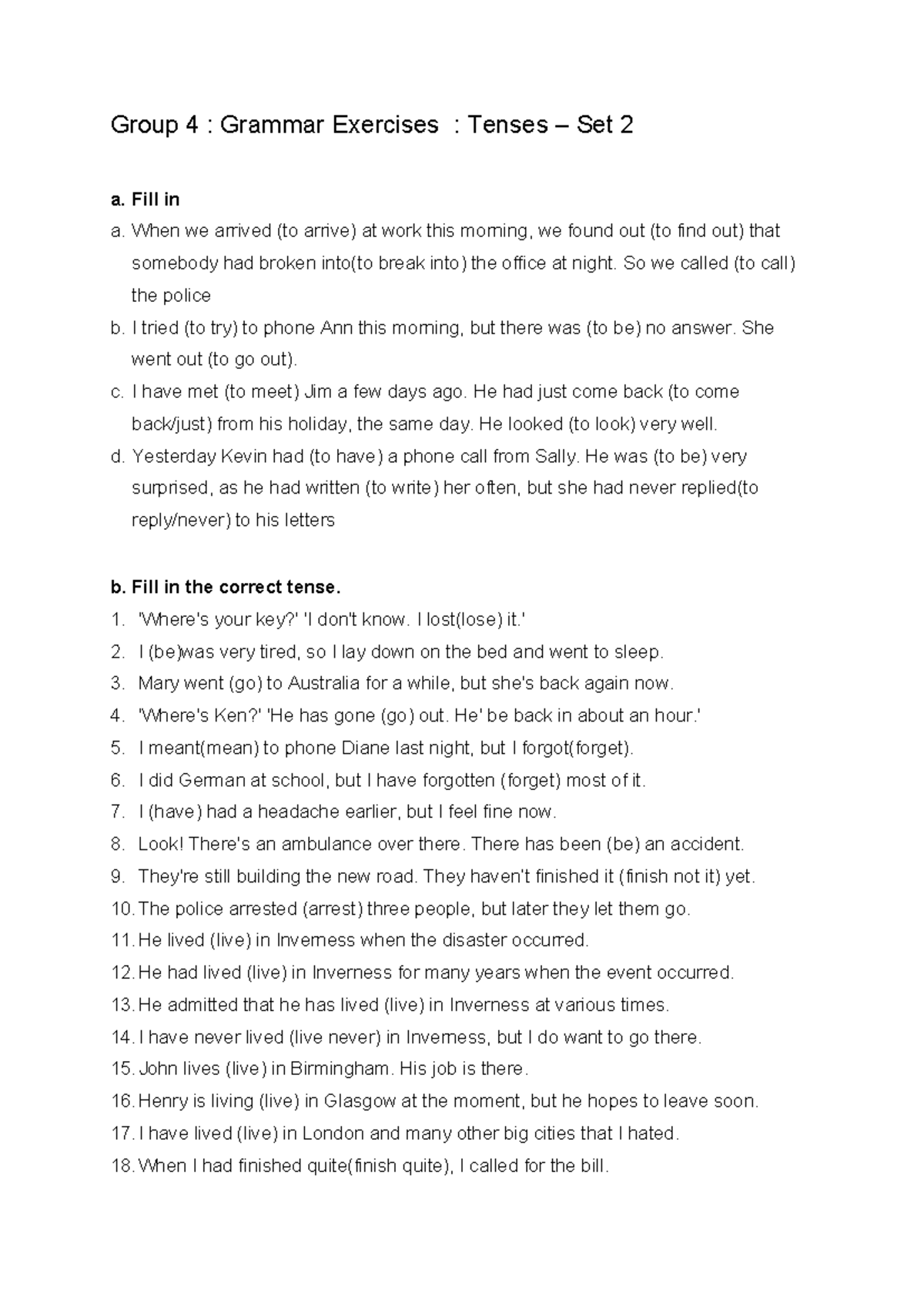 E1 Gr4 Grammar Exercises: Tenses Practice Set 2 - Studocu