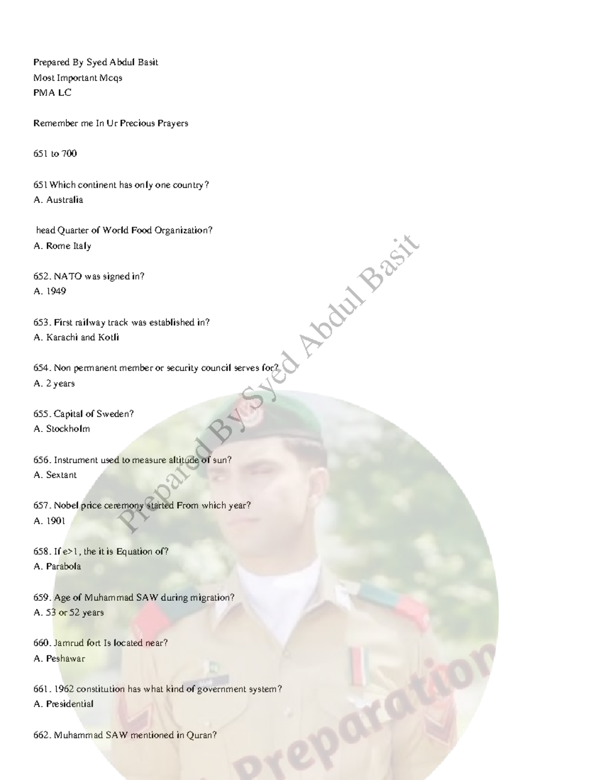 8th PMA MCQs (651-700) by Syed Abdul Basit - Important Review - Studocu