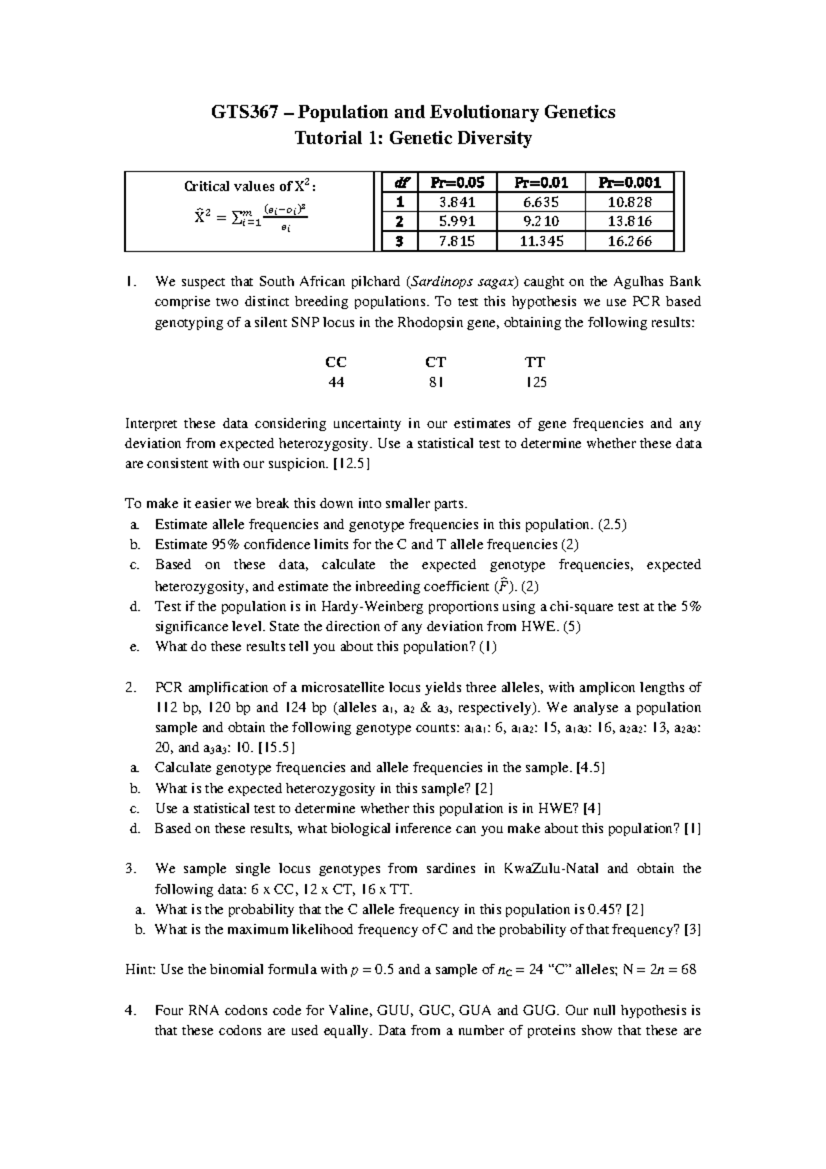 GTS367 Population and Evolutionary Genetics Tutorial 1: Genetic ...